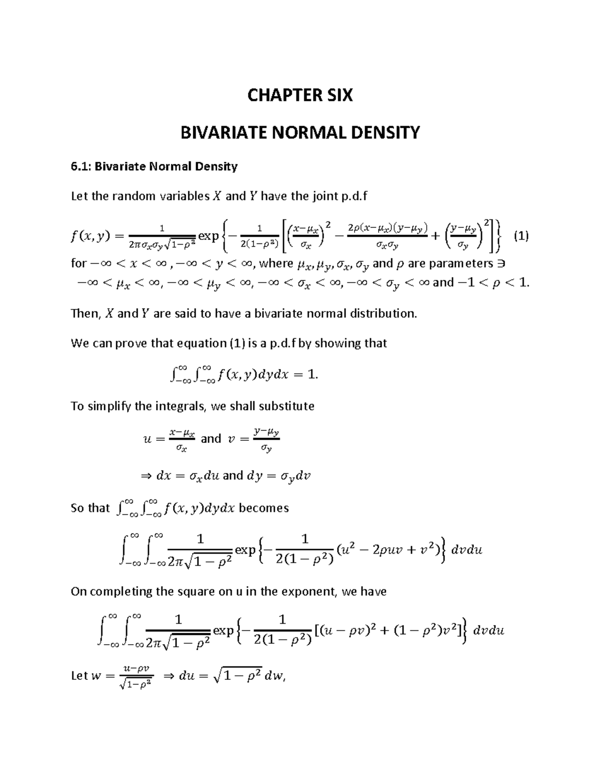Chapter SIX SST 205 - Linear algrbra - CHAPTER SIX BIVARIATE NORMAL ...