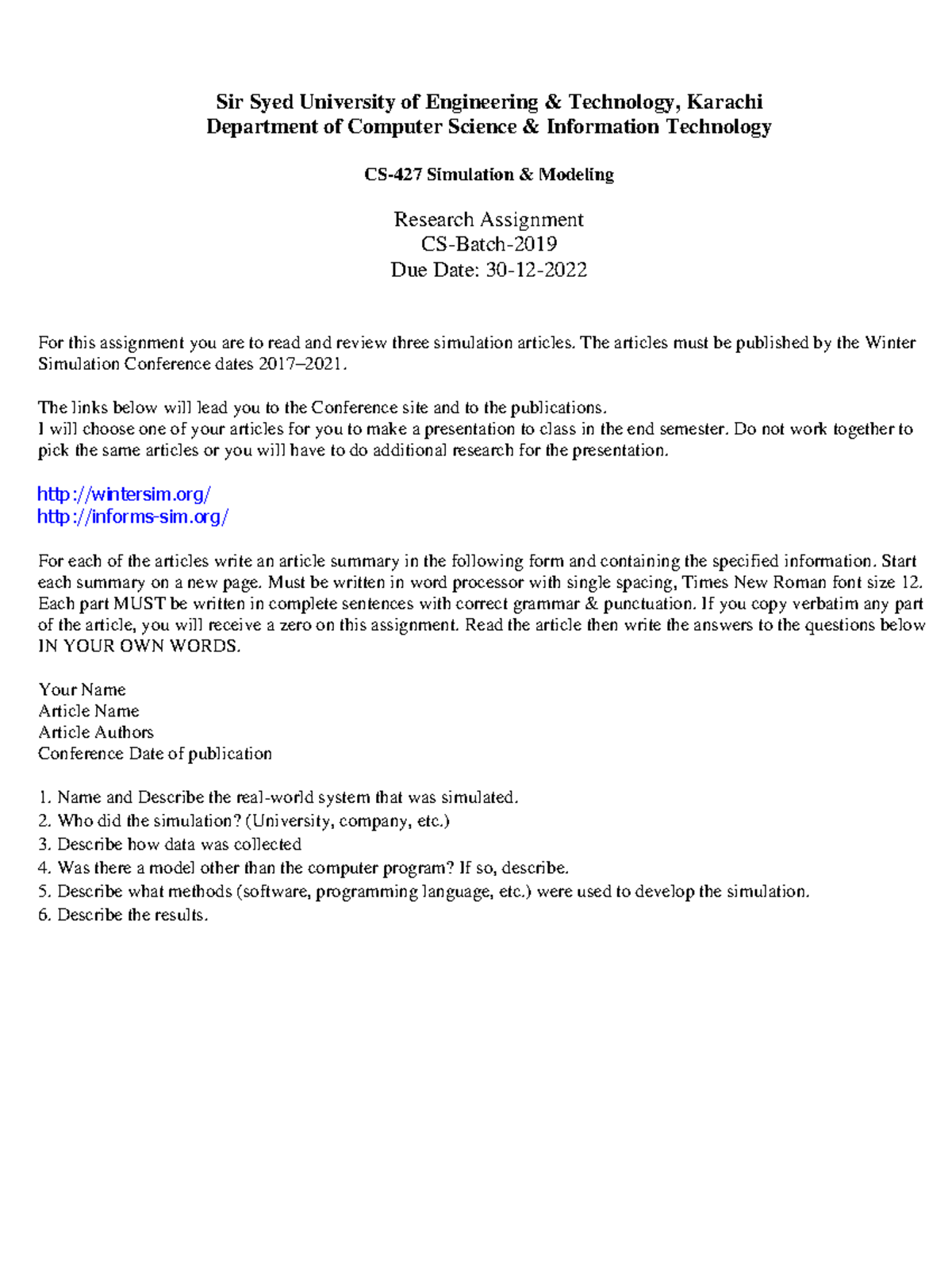 Research Assignment - Simulation practice - Sir Syed University of Engineering & Technology ...