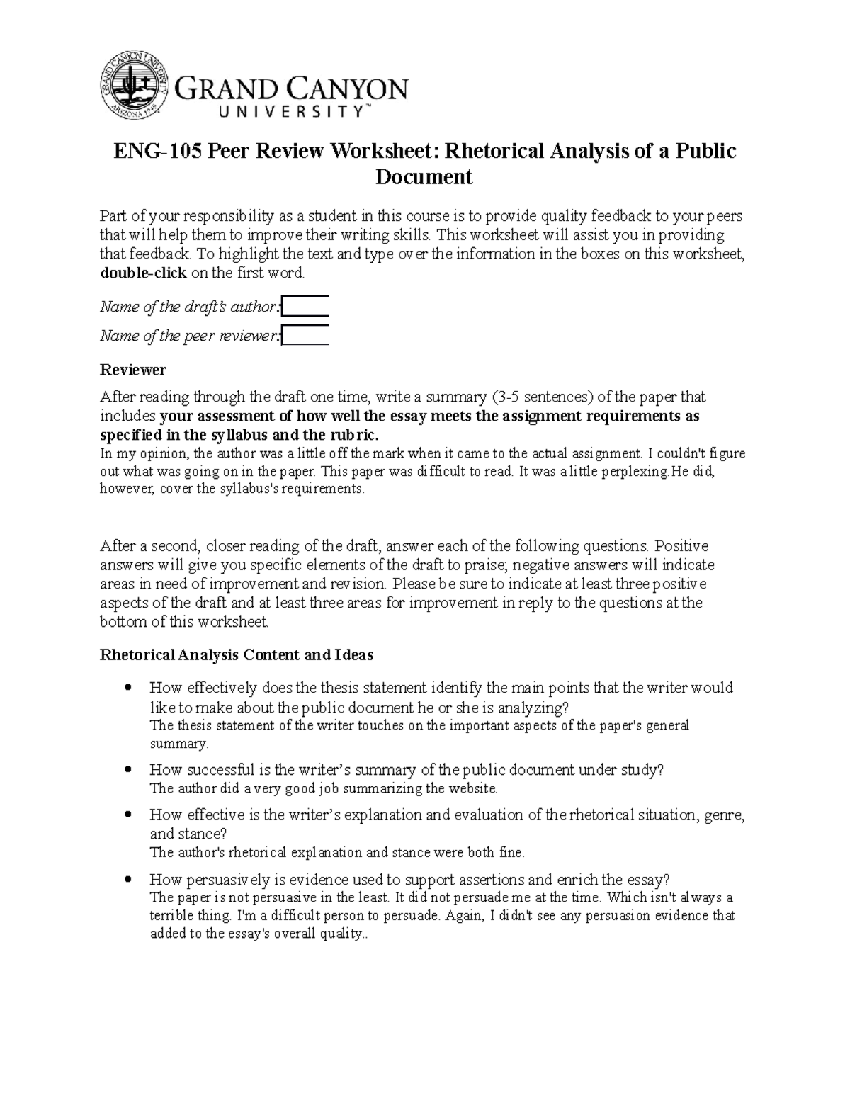 NG105 Rhetorical Analysis Peer Review Worksheet 9.26.21 - ENG-105 Peer ...