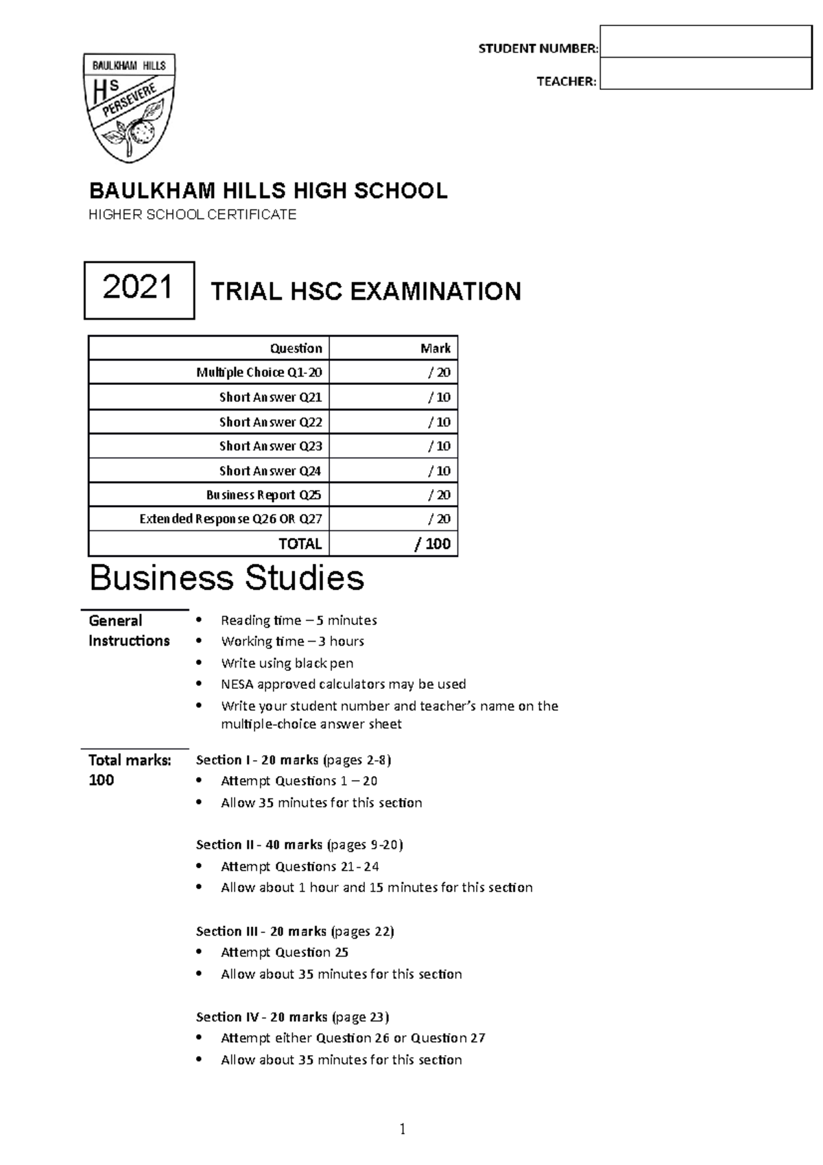 2021 Busines Studies Trial HSC Exam - BAULKHAM HILLS HIGH SCHOOL HIGHER SCHOOL CERTIFICATE TRIAL ...