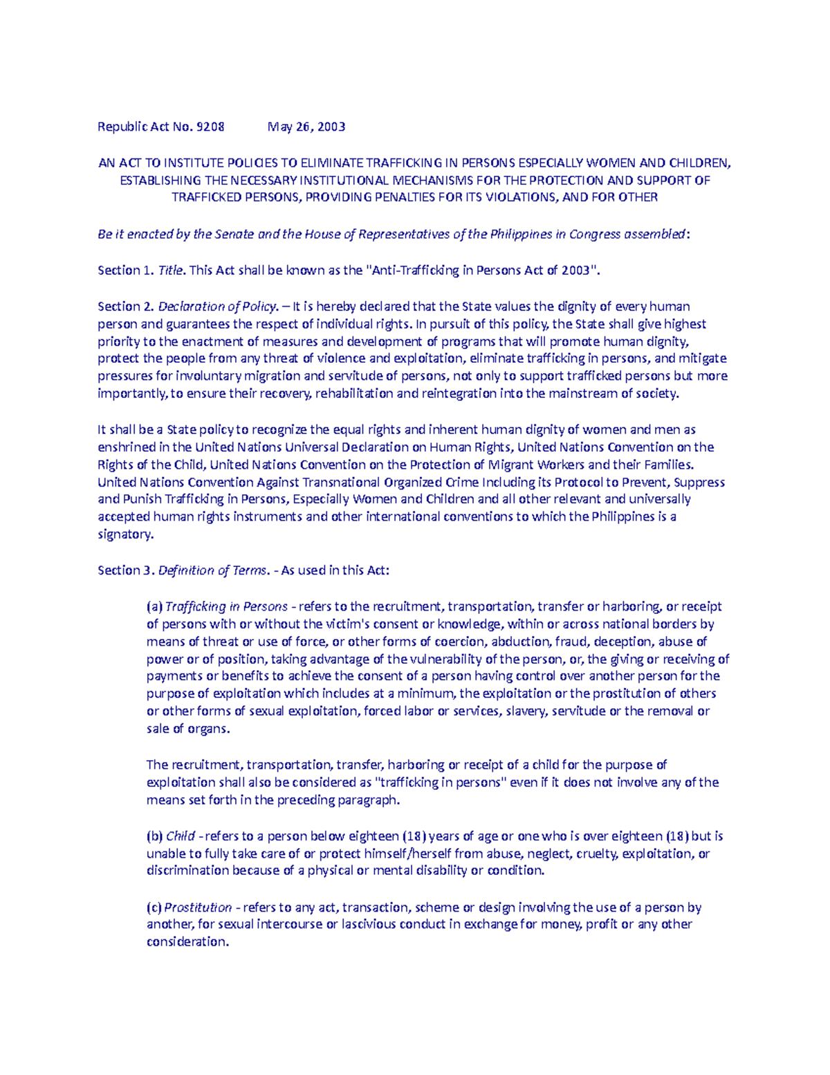 RA-9208 - N/A - Republic Act No. 9208 May 26, 2003 AN ACT TO INSTITUTE ...