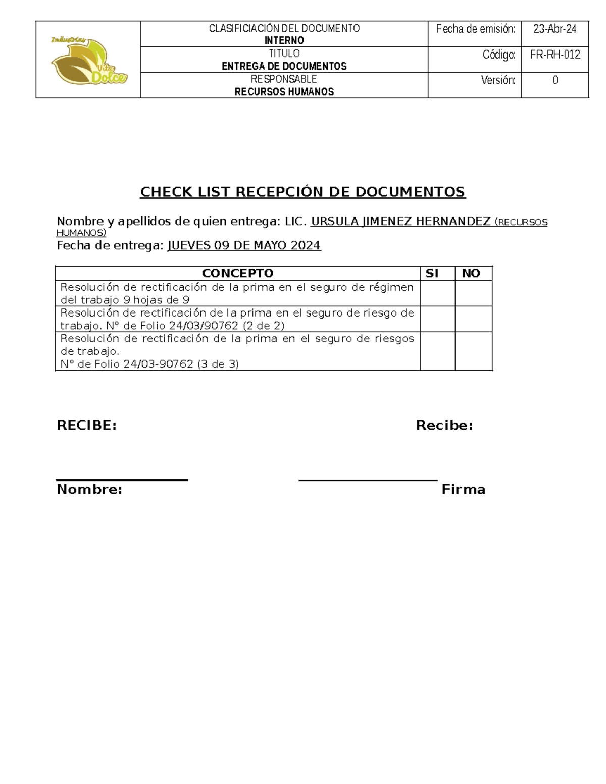 Check LIST Recepción DE Documentos - CLASIFICIACIÓN DEL DOCUMENTO ...