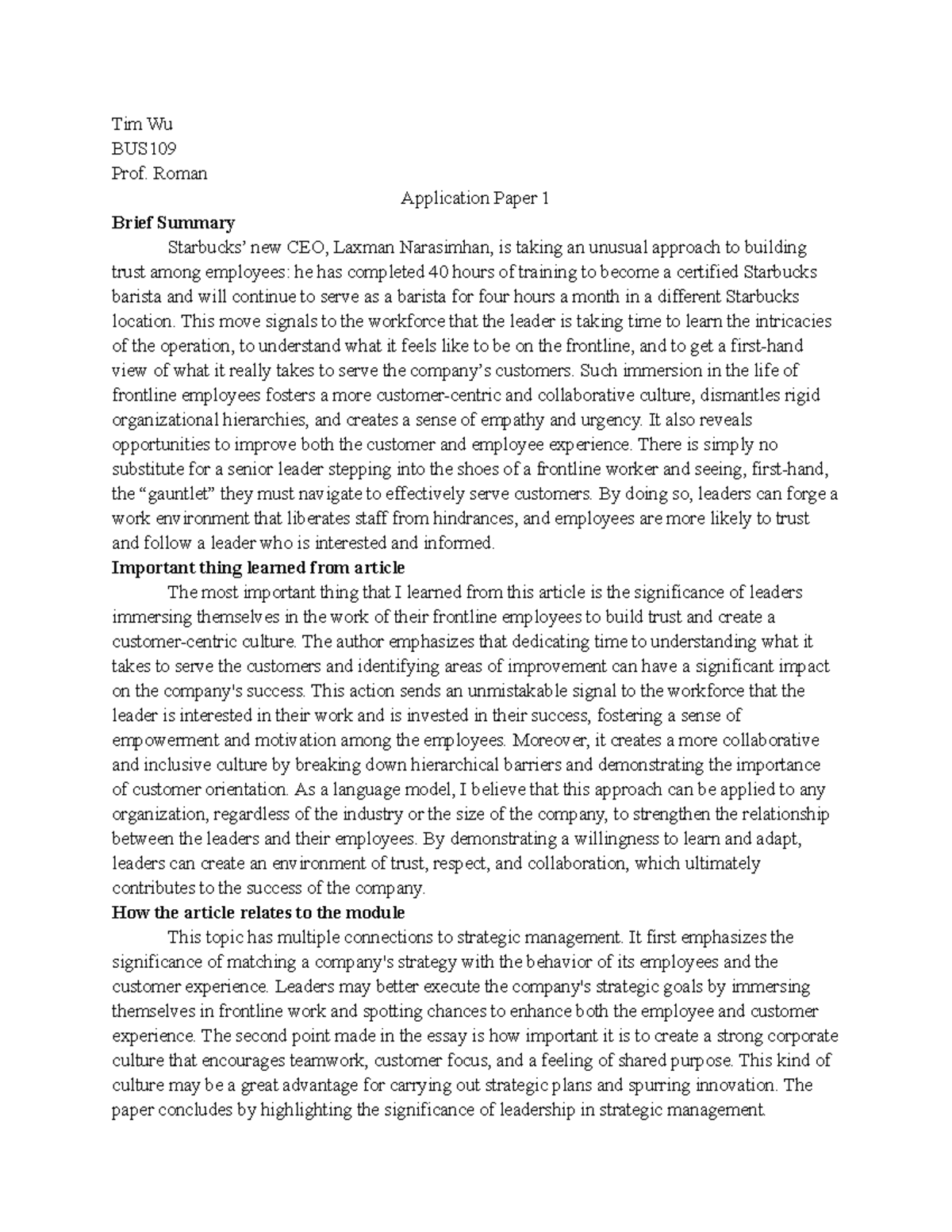 Application Paper 1 - Tim Wu BUS Prof. Roman Application Paper 1 Brief ...