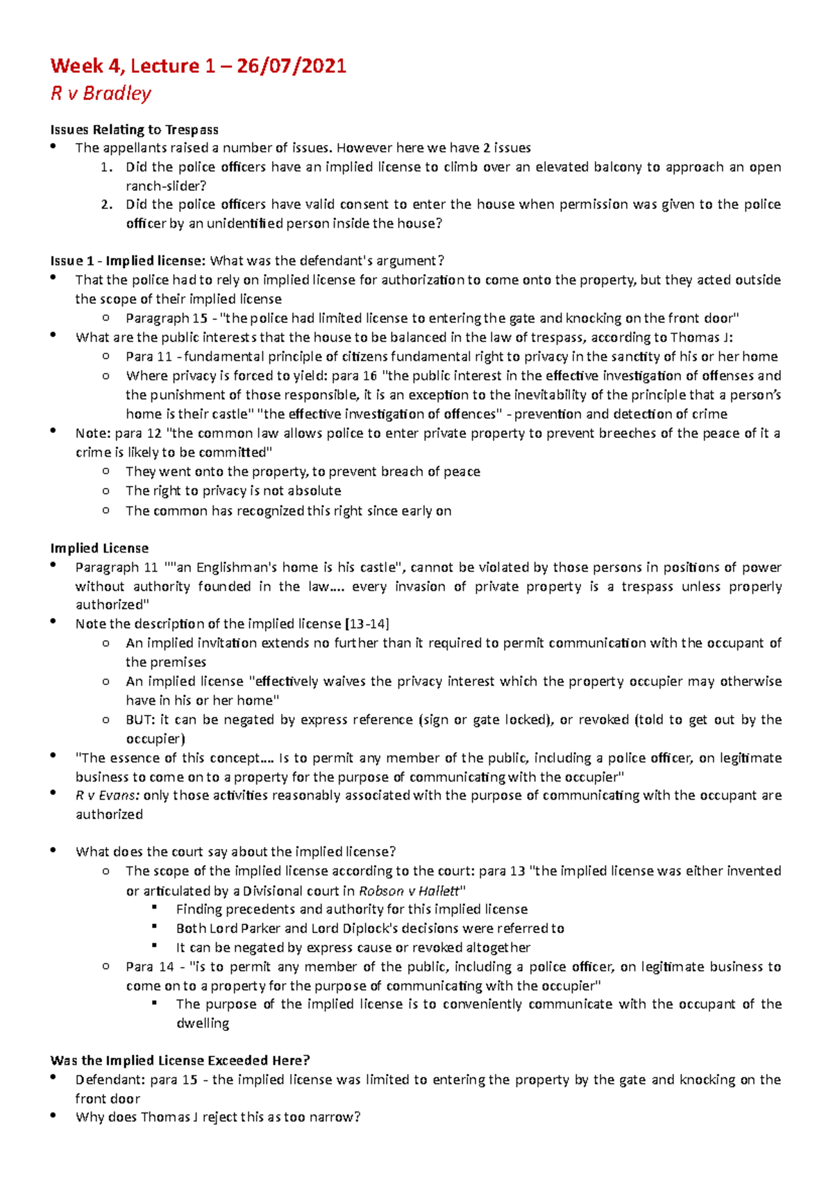 LAWS122 Week 4 Lecture 1 on R v Bradley - Week 4, Lecture 1 – 26/07/ R v Bradley Issues Relating ...