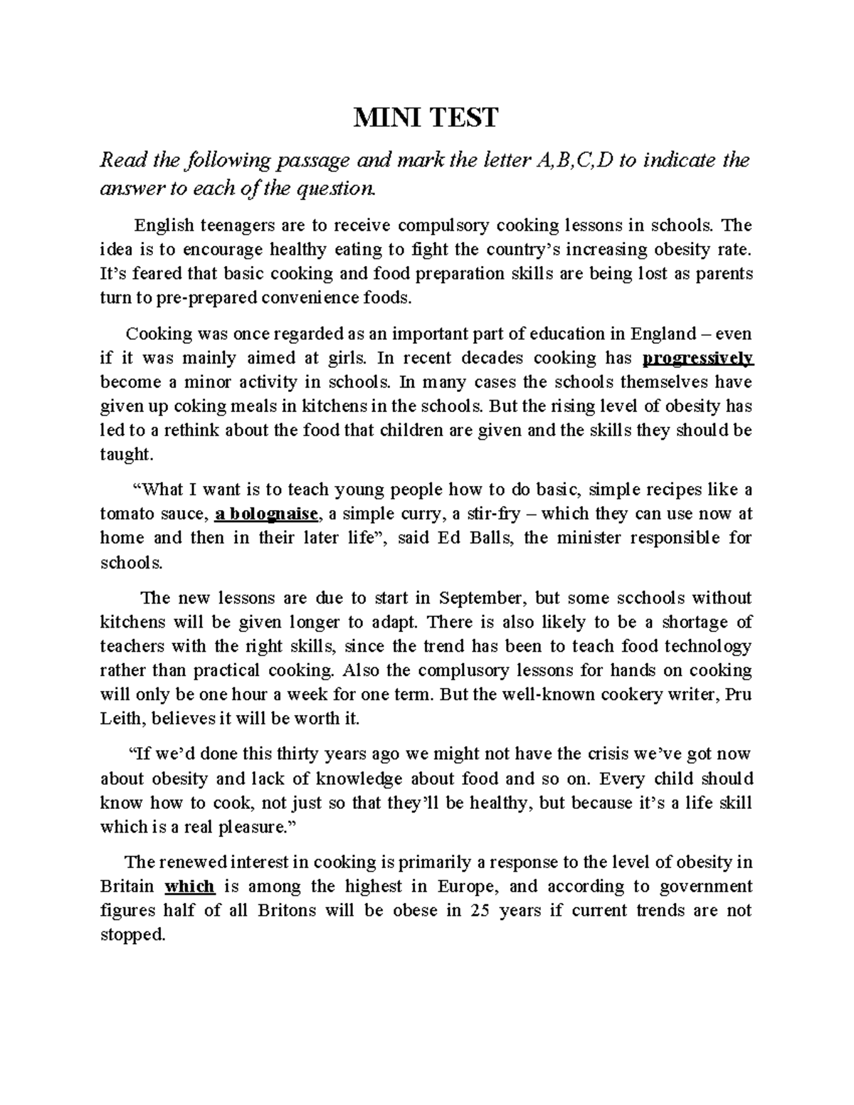 MINI TEST - ENGLISH - MINI TEST Read the following passage and mark the ...