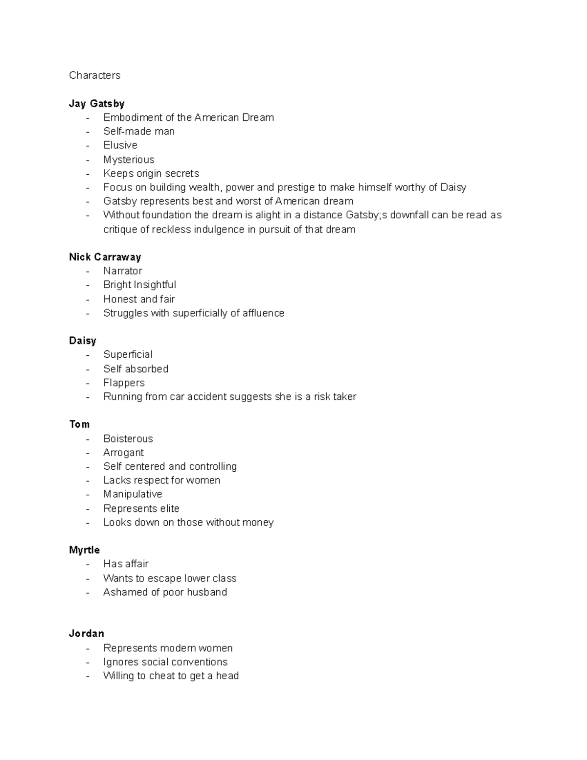 Notes for Great Gatsby - Characters Jay Gatsby - Embodiment of the ...