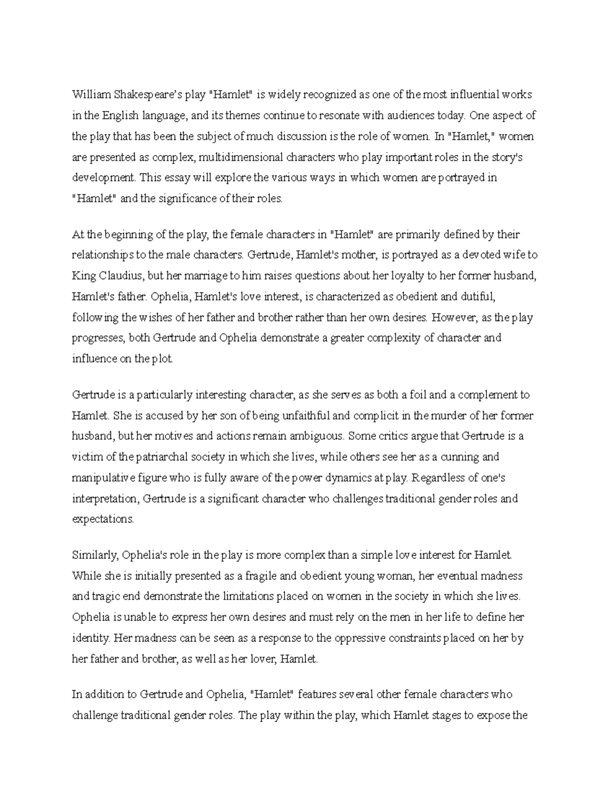 The Role of Women in Shakespeare's "Hamlet"Over 500 word essay for the ...