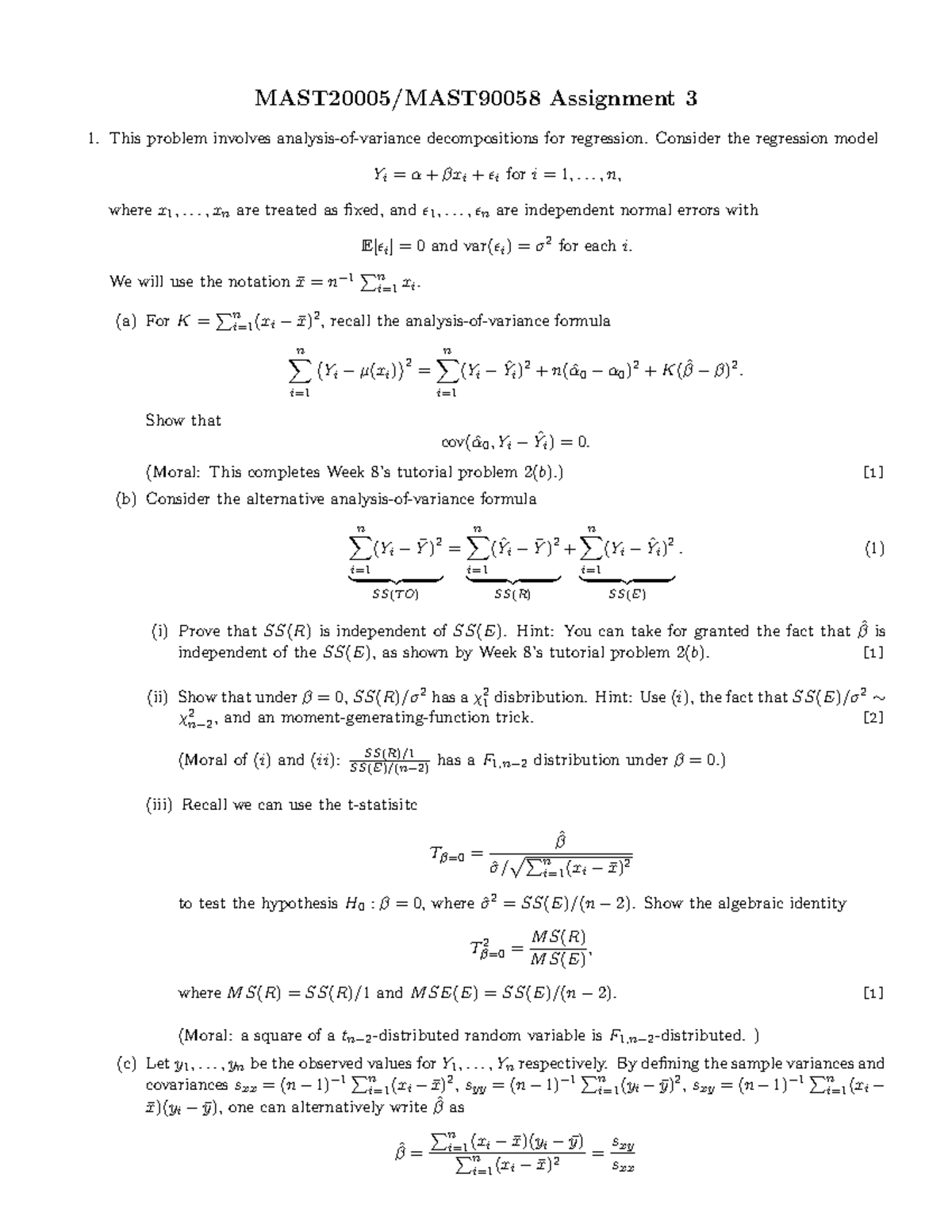 MAST2000 5 hw3-5 - Assignment 3 - MAST20005/MAST90058 Assignment 3 This problem involves - Studocu