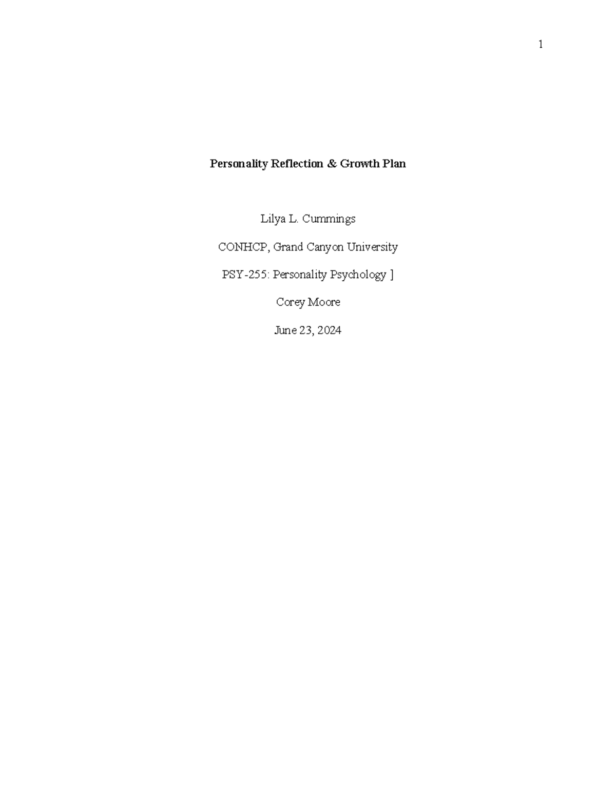 PSY 255- rough draft - Personality Reflection & Growth Plan Lilya L ...