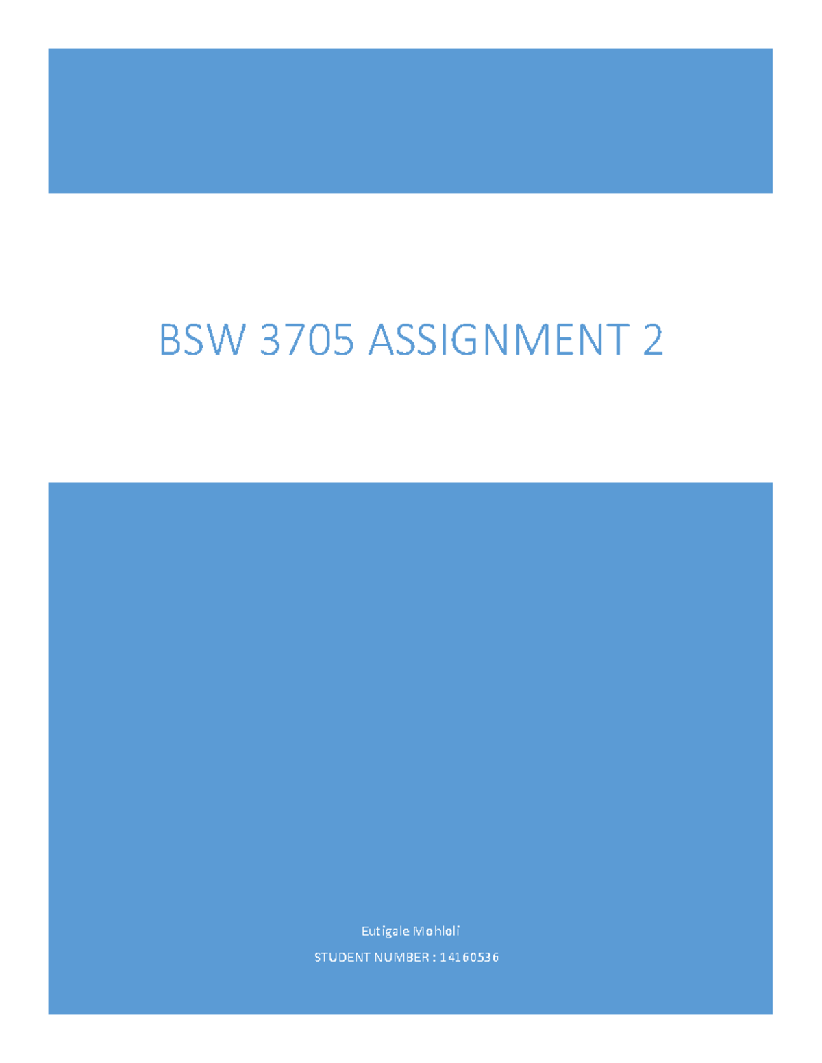 Bsw3705 ass2 submit - social work assignment - Eutigale Mohloli STUDENT NUMBER : 141 60536 BSW ...