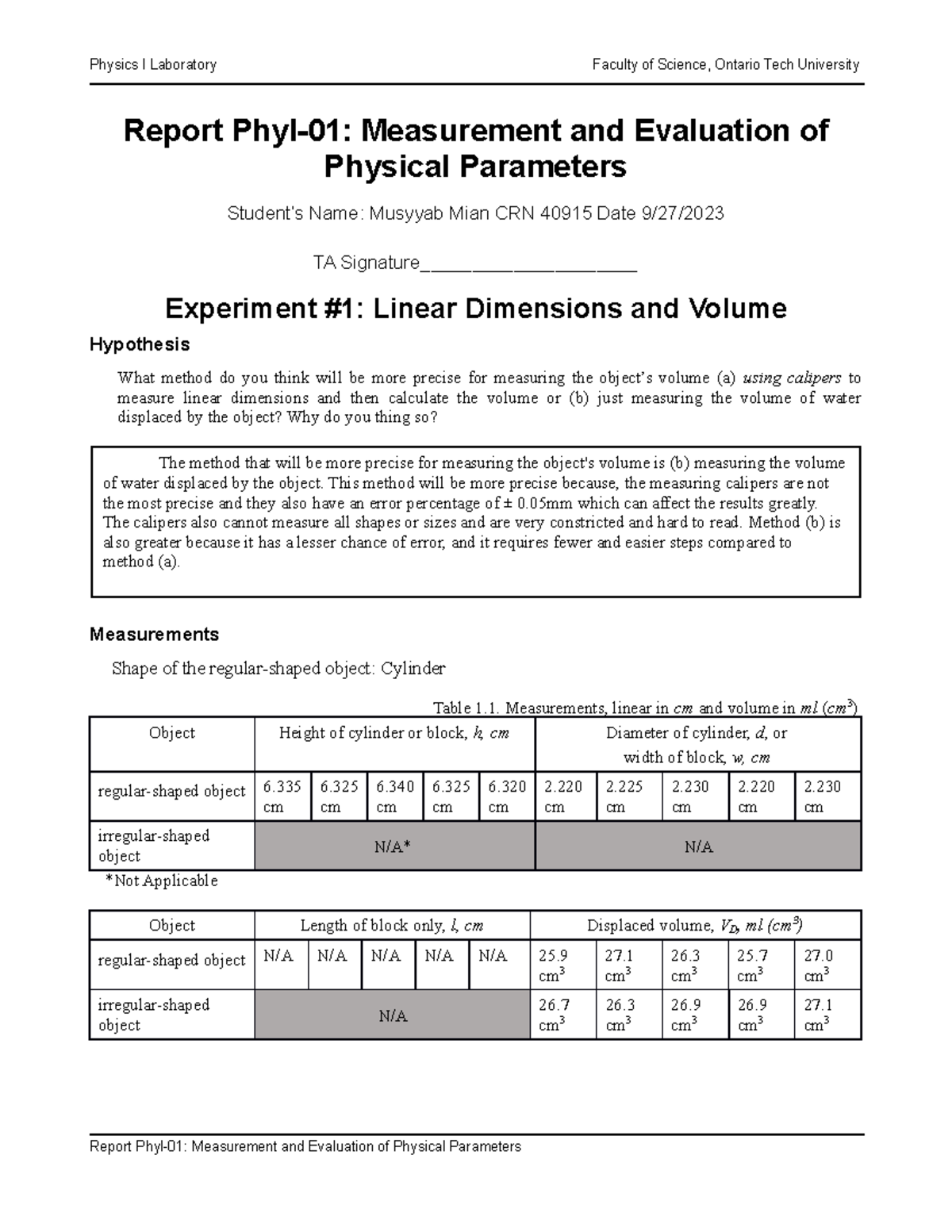 Physics Lab # 1 - Report PhyI-01: Measurement and Evaluation of ...