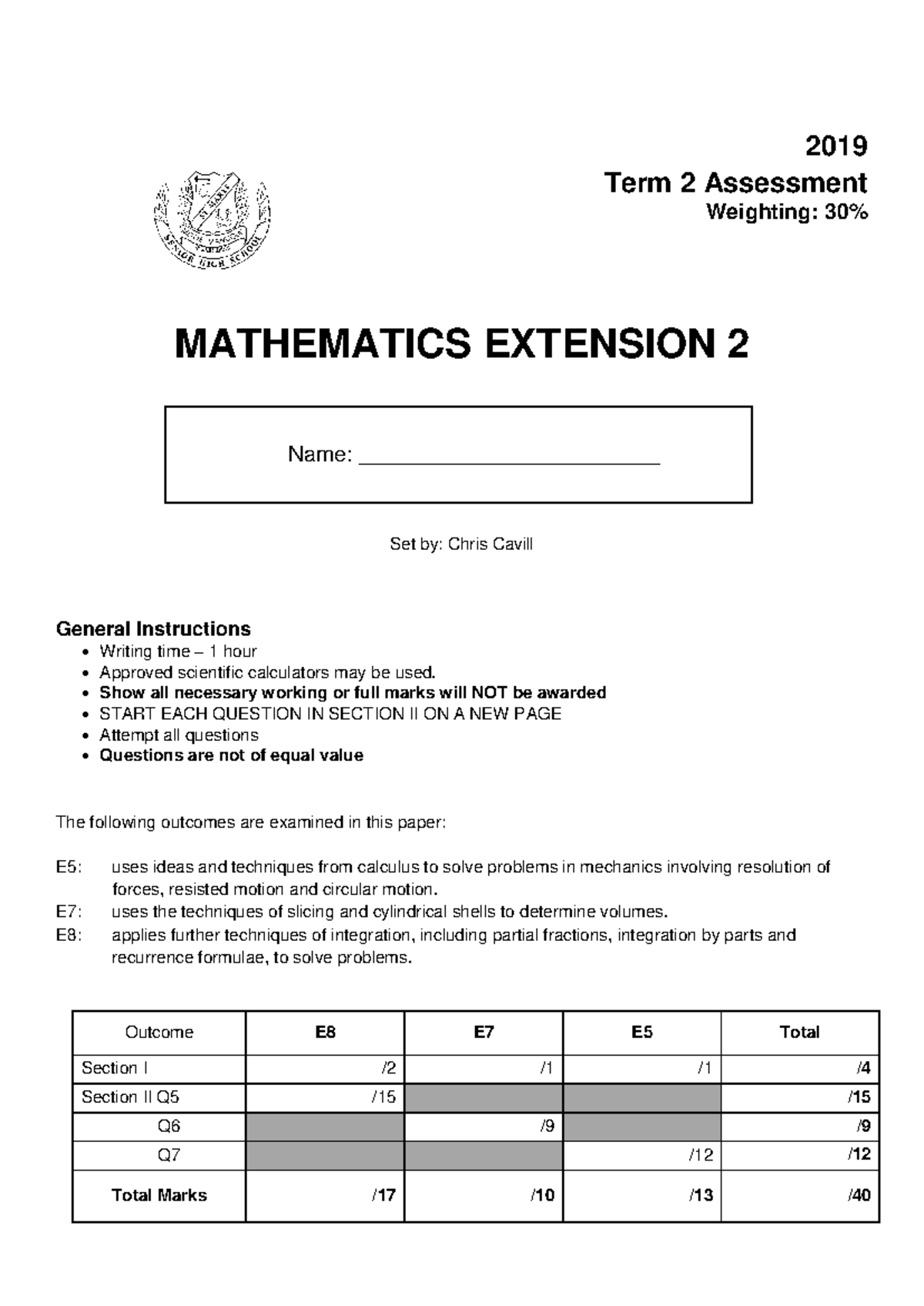 2019 Term 2 Task and Solutions - 2019 Term 2 Assessment Weighting: 30% ...