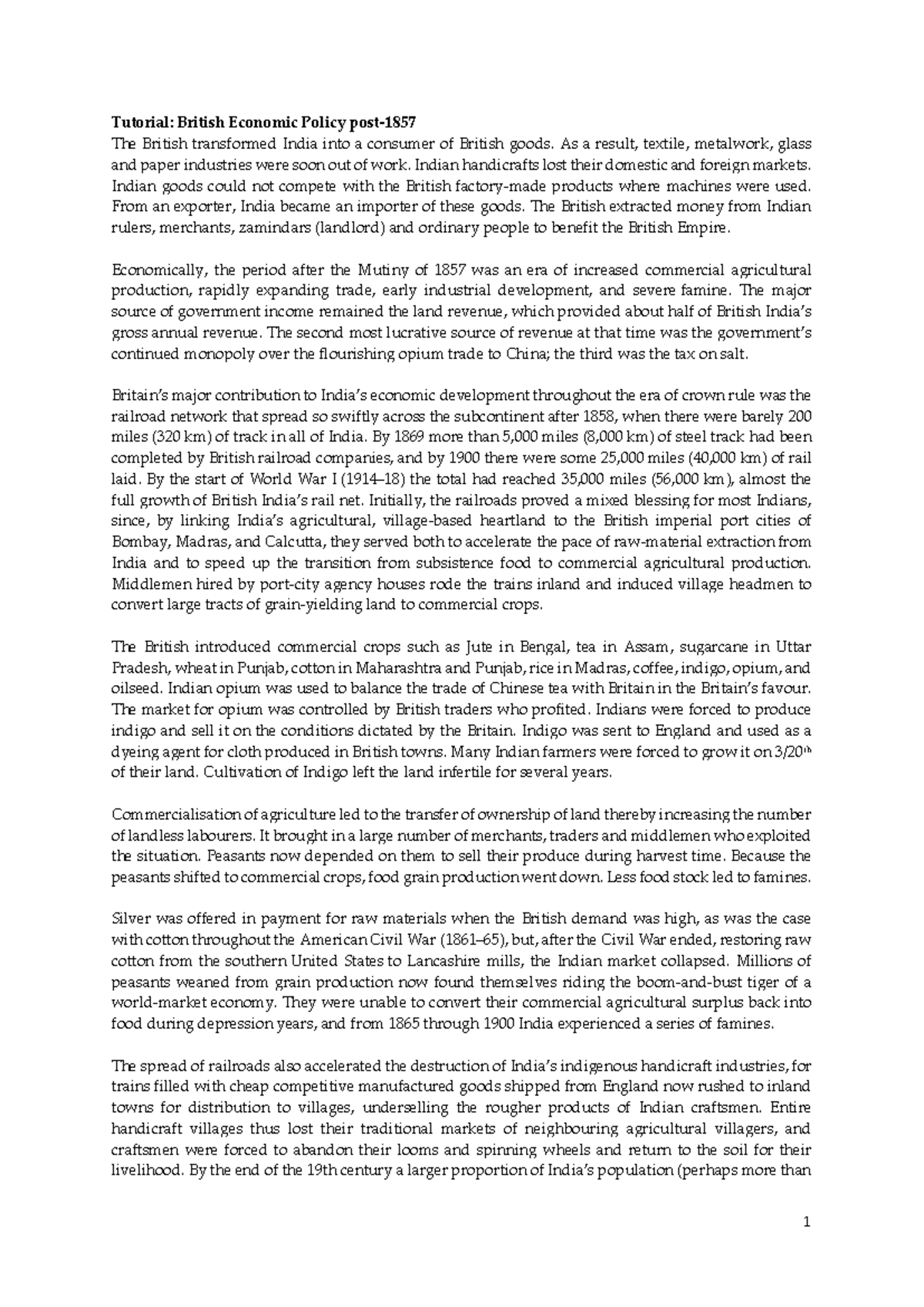 8 Tutorial British Empire Indiat - 1 Tutorial: British Economic Policy ...