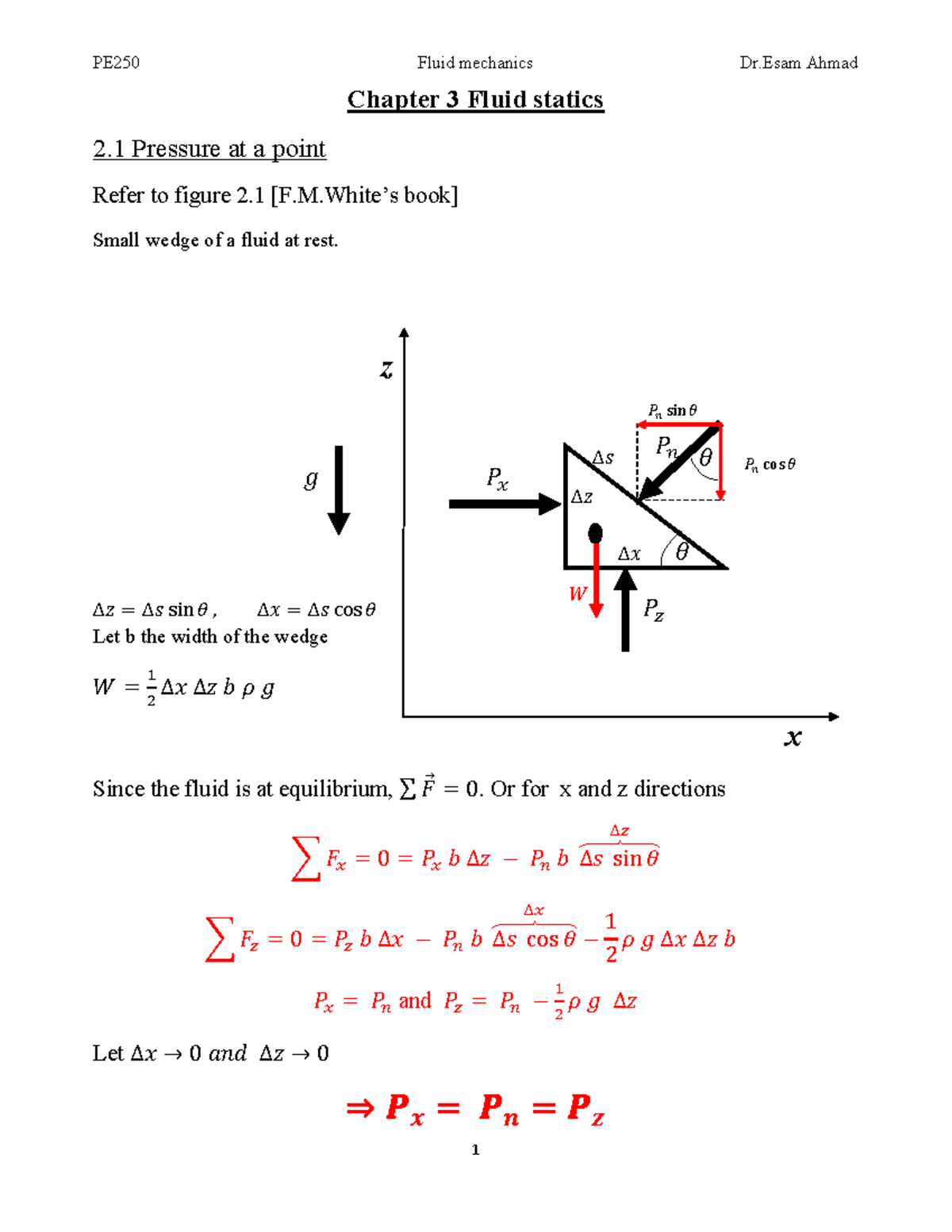 PE250 chapter 3 Fluid Static - Chapter 3 Fluid statics 2 Pressure at a ...