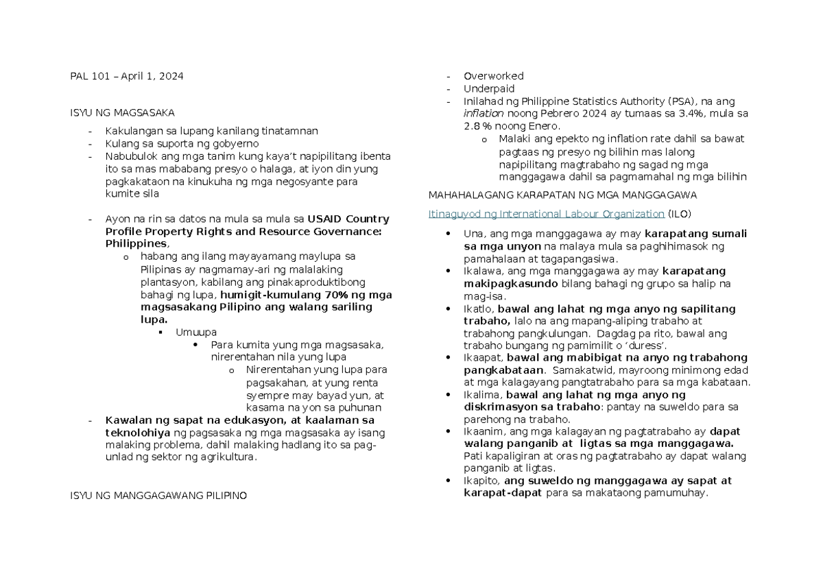 PAL 101 - hope it help - PAL 101 – April 1, 2024 ISYU NG MAGSASAKA - Kakulangan sa lupang ...