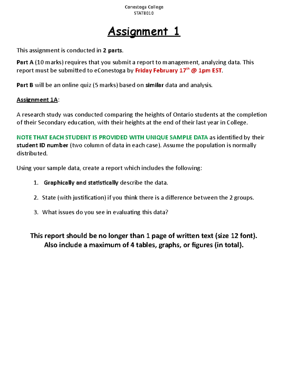 Assignment 1 Instructions - Conestoga CollegeSTAT Assignment 1 This assignment is conducted in 2 ...