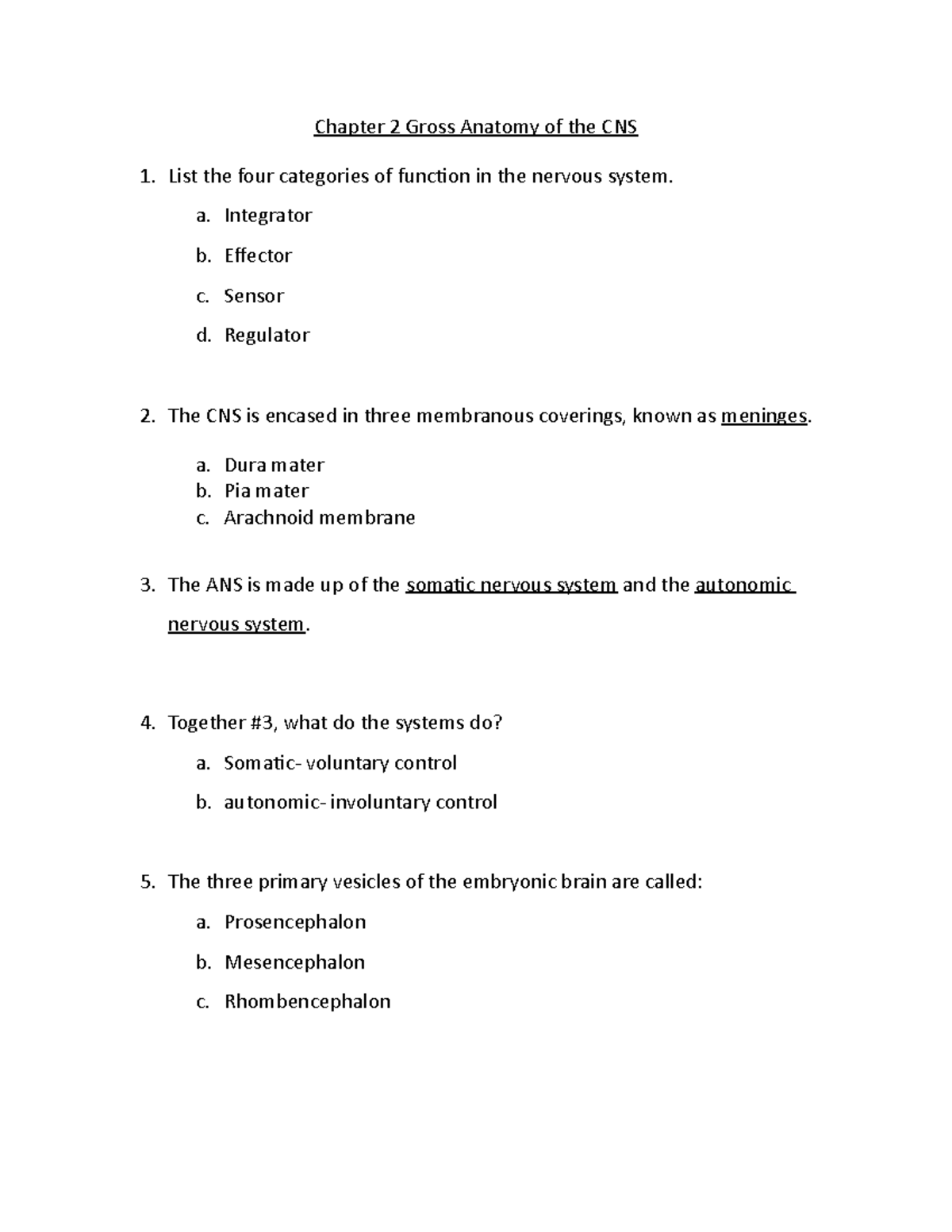 Worksheet 4 Gross Anatomy of the CNS - Chapter 2 Gross Anatomy of the ...