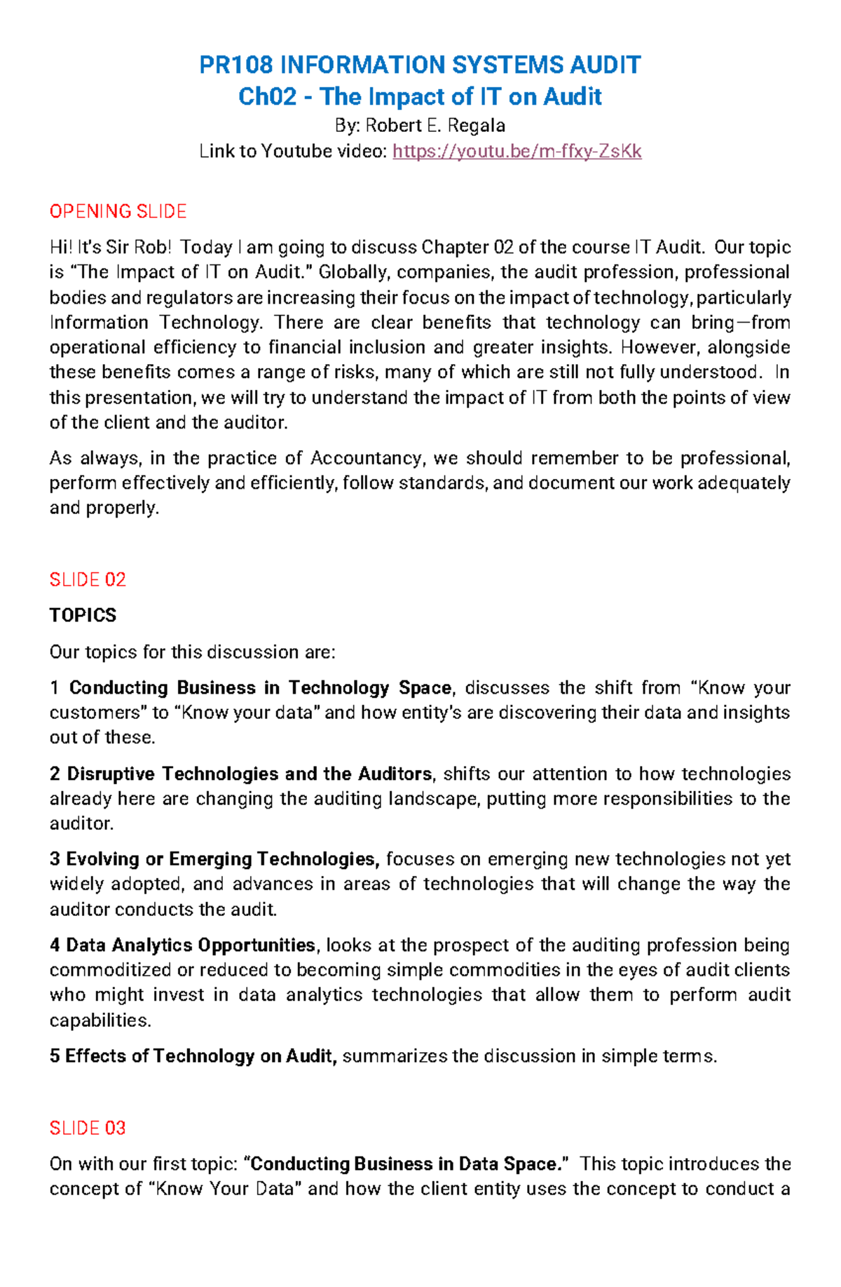 Ch02 The Impact of IT on Audit - PR108 INFORMATION SYSTEMS AUDIT Ch02 ...