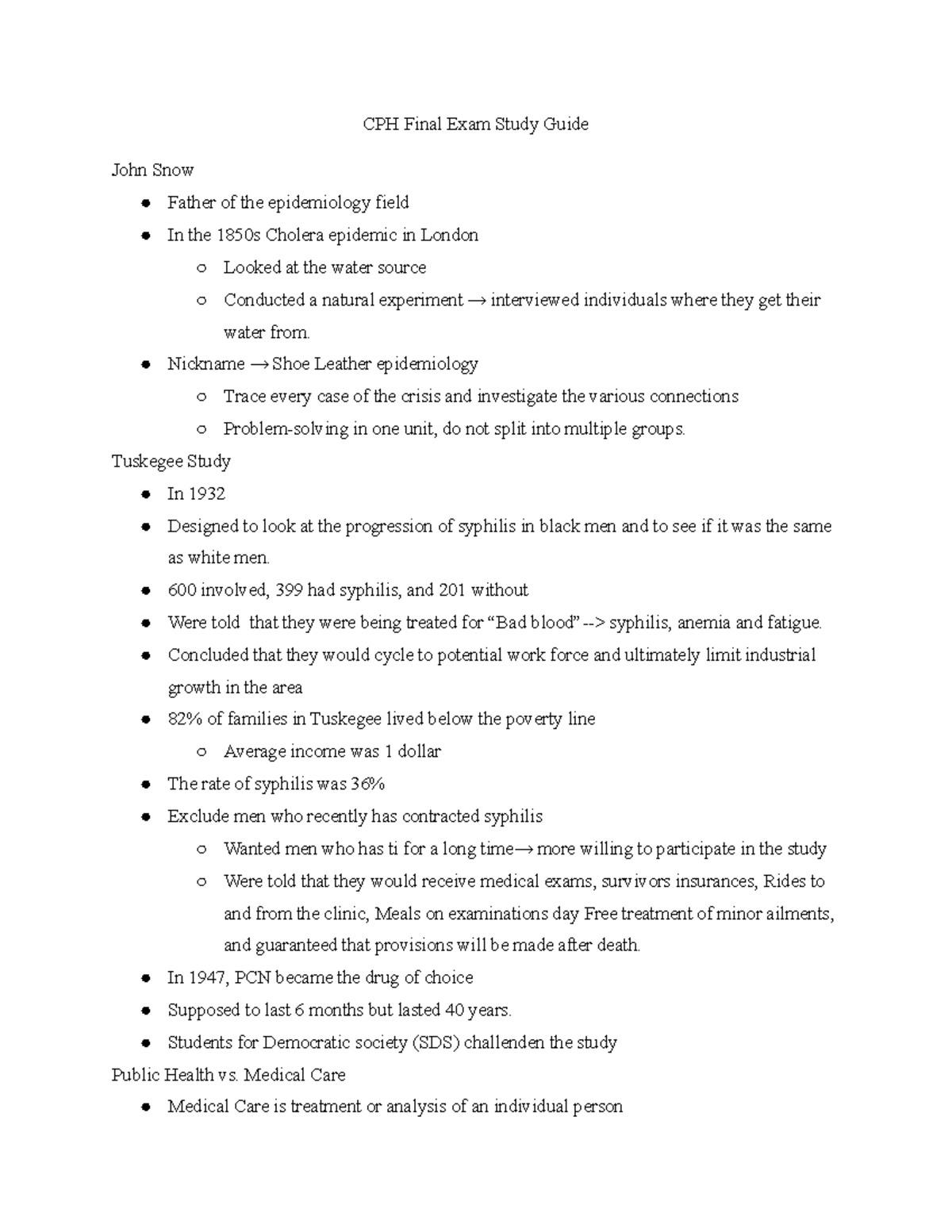 CPH 201 Final Study Guide - CPH Final Exam Study Guide John Snow Father of the epidemiology ...