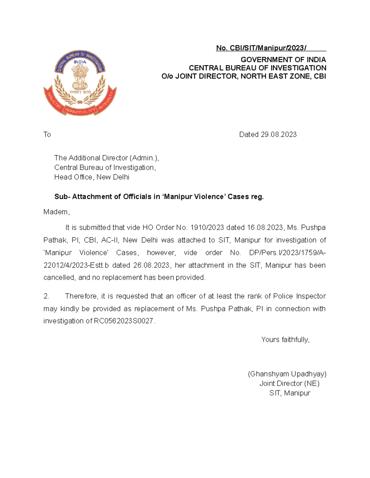 Letter for replacement - No. CBI/SIT/Manipur/2023/ GOVERNMENT OF INDIA ...