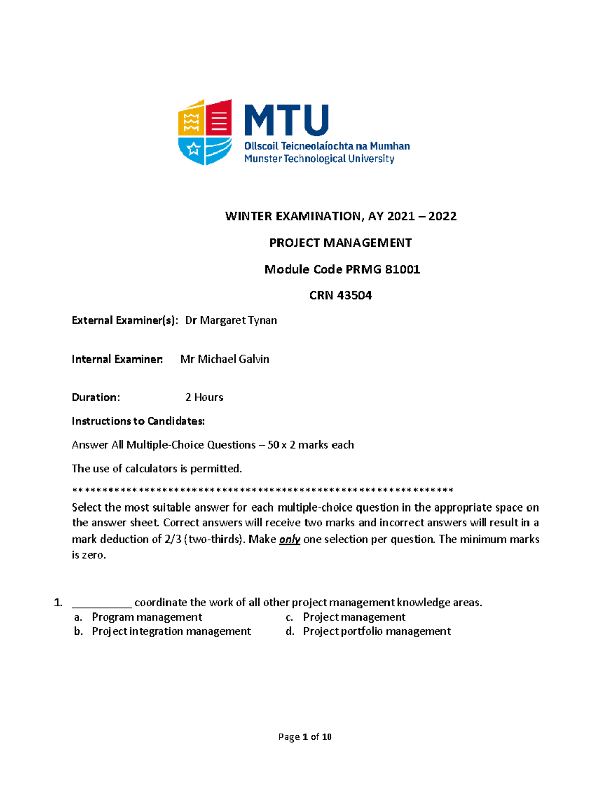 Project Management 2022 - WINTER EXAMINATION, AY 2021 – 2022 PROJECT ...