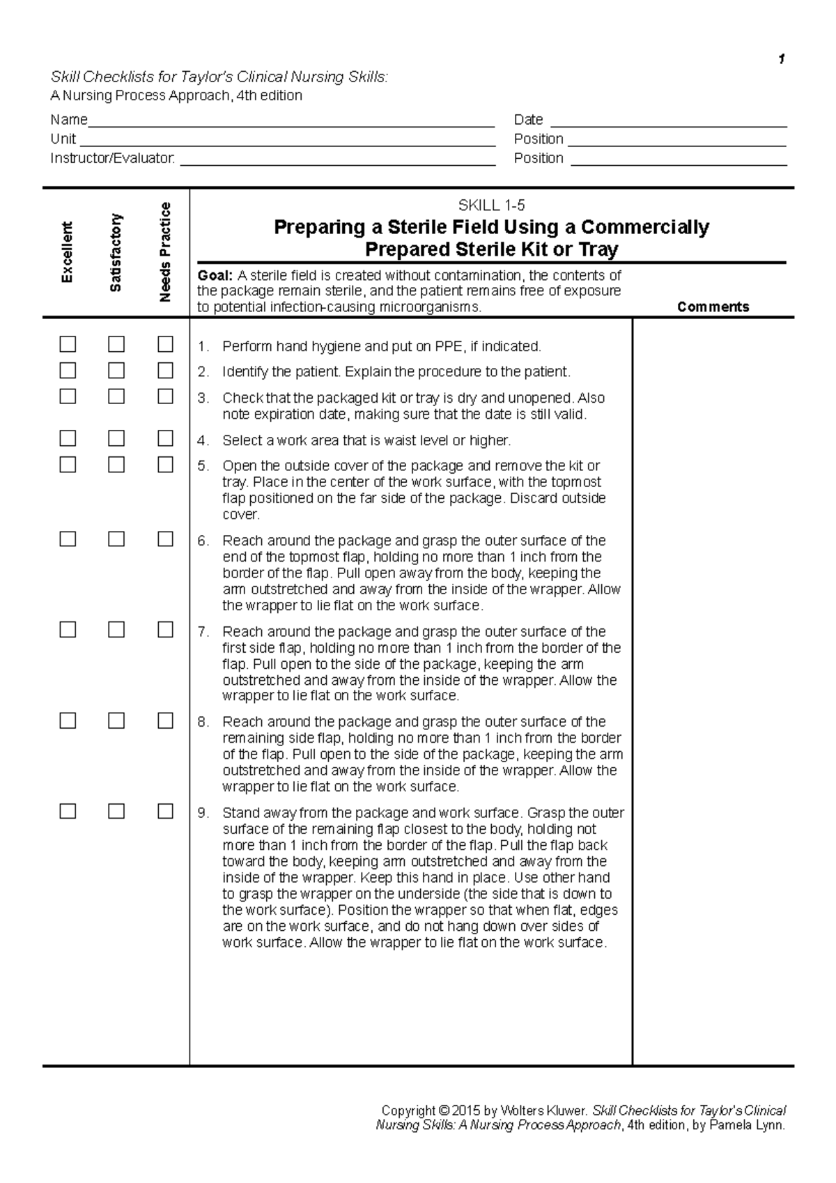 Skill 1-5 Preparing a Sterile Field - 1 Skill Checklists for Taylor's ...