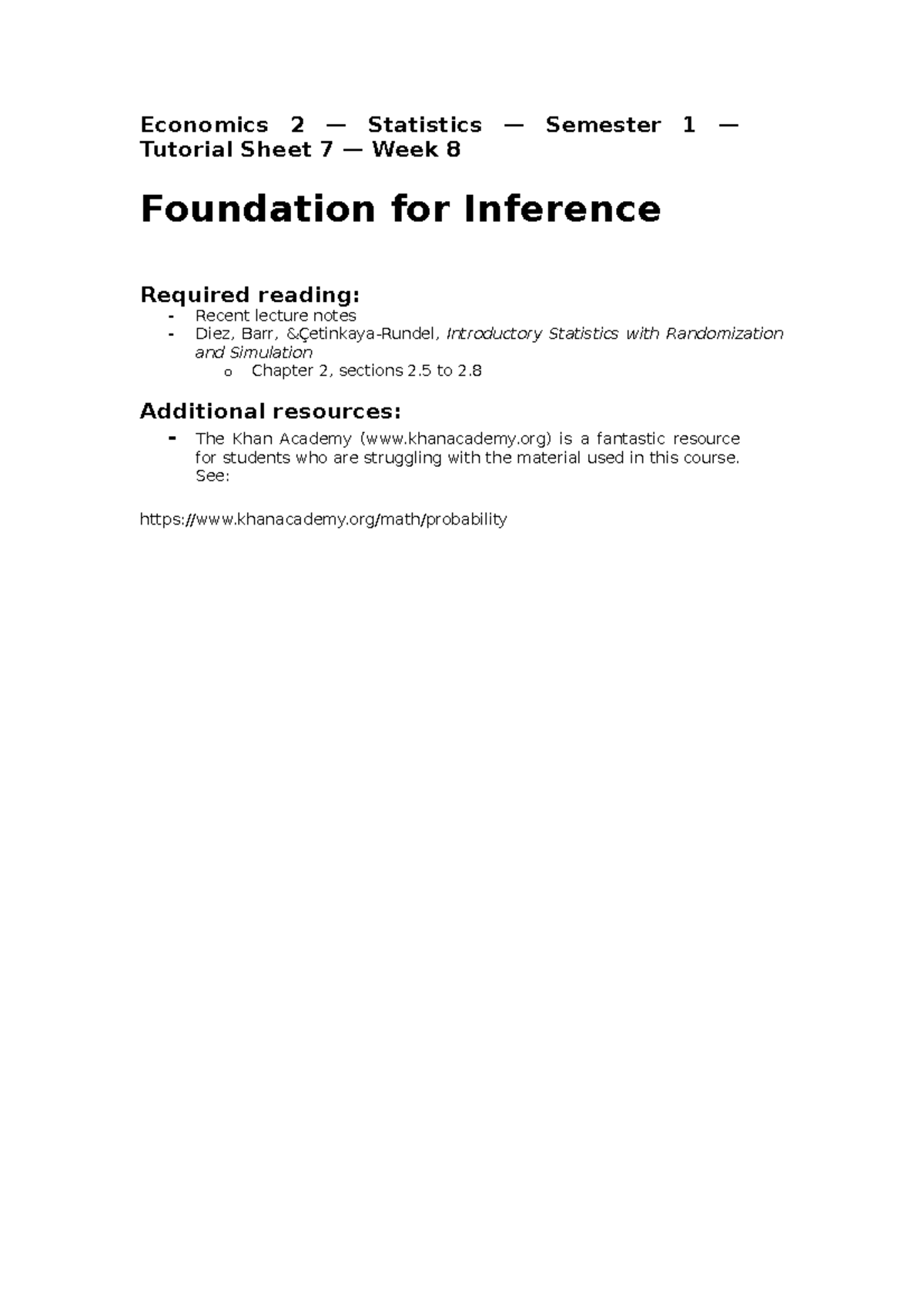 Statistics Tutorial 7 Solutions - Economics 2 Statistics Semester 1 ...