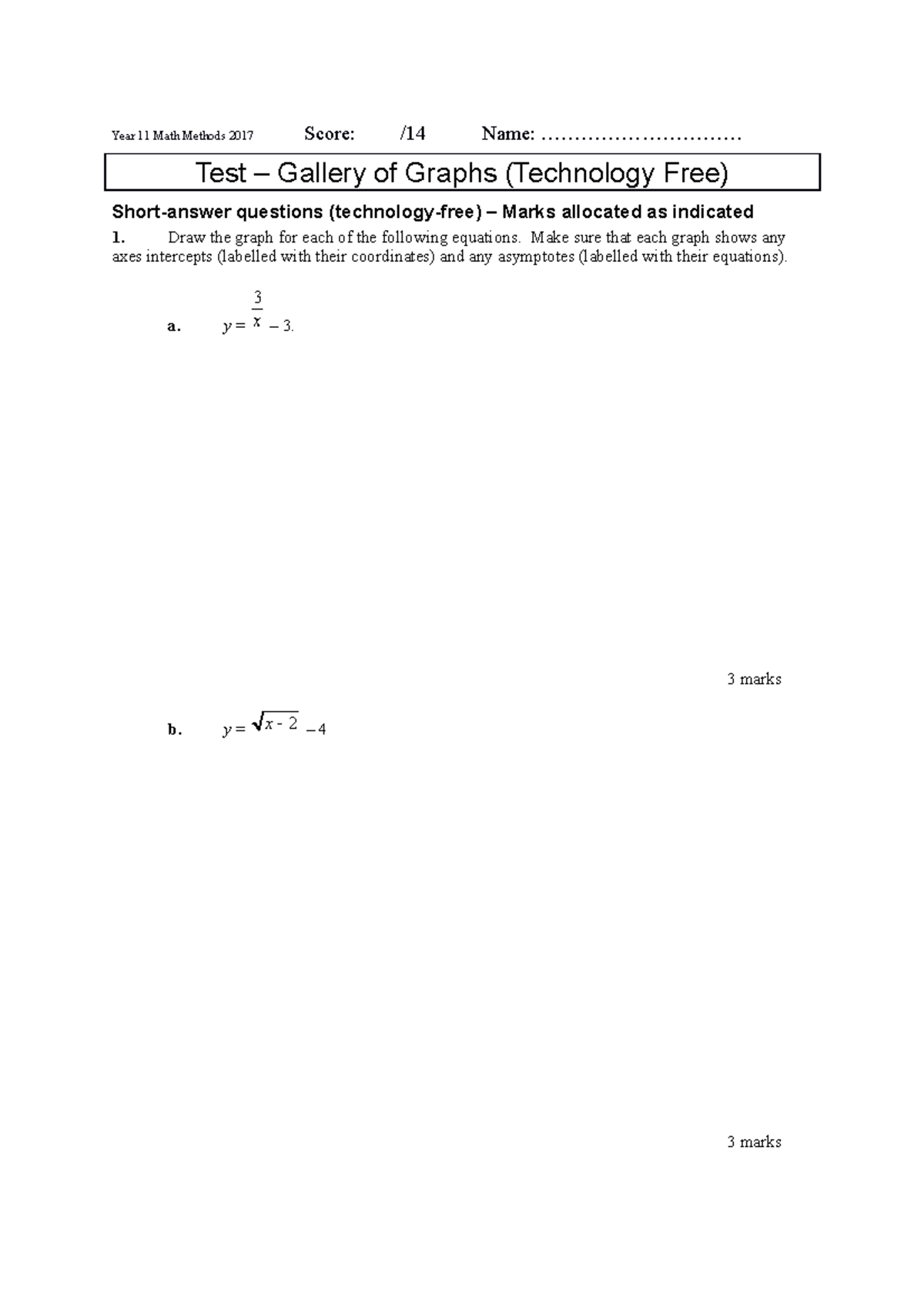 Test A Gallery of Graphs 2017 - Year 11 Math Methods 2017 Score: /14 ...