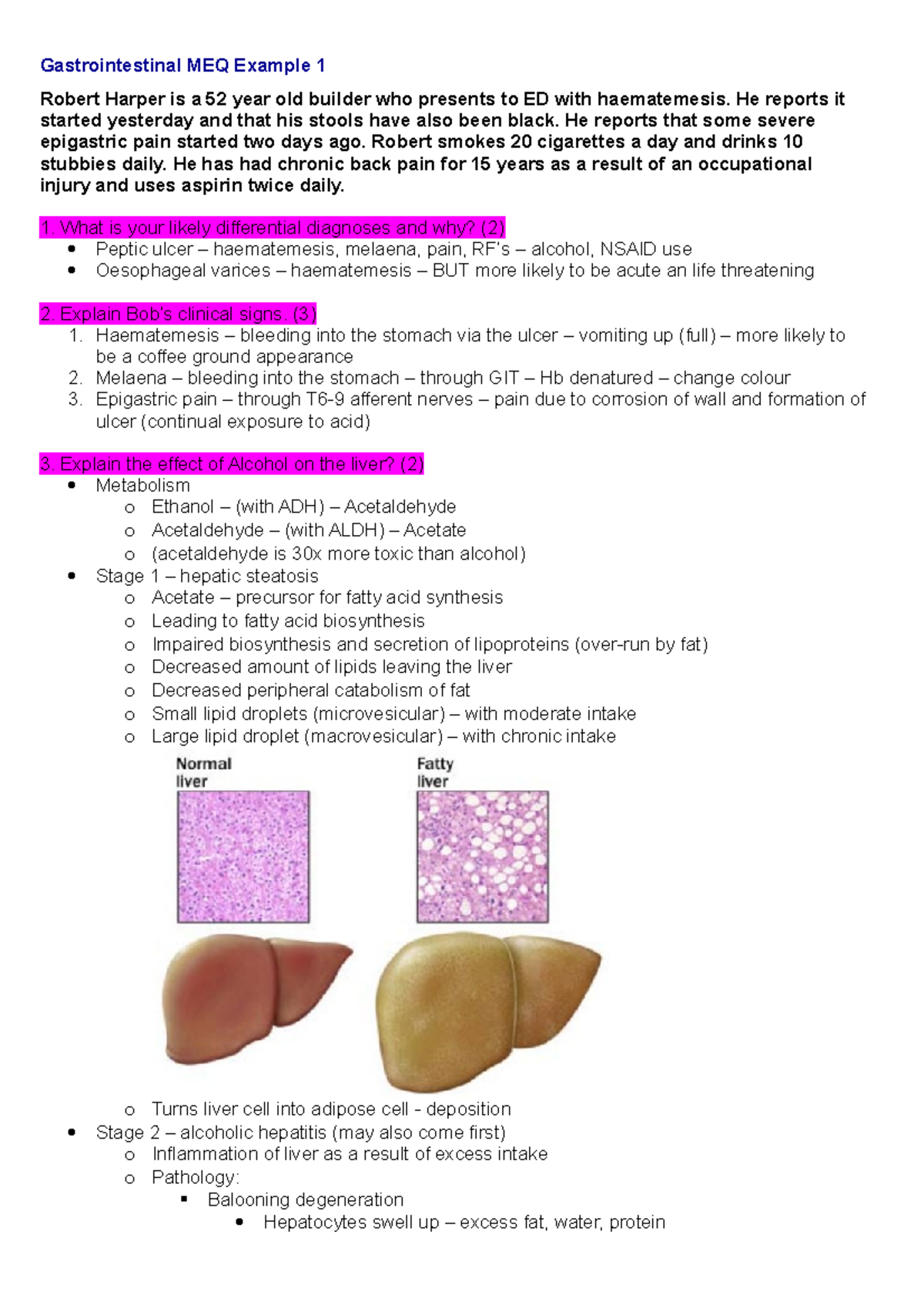 PASS Gastro MEQ 1 answers - Gastrointestinal MEQ Example 1 Robert ...