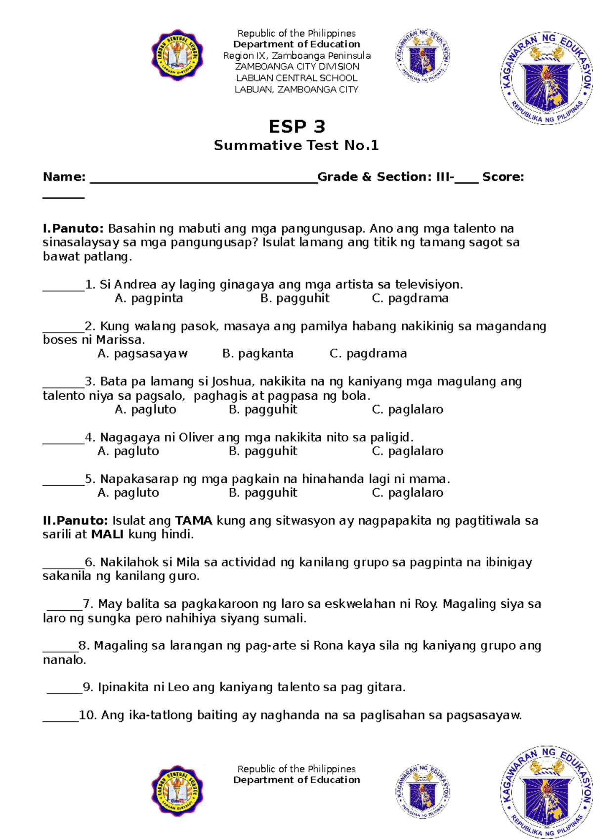ESP3 Q1 Summativeperformance TEST 12 with TOS - Republic of the ...