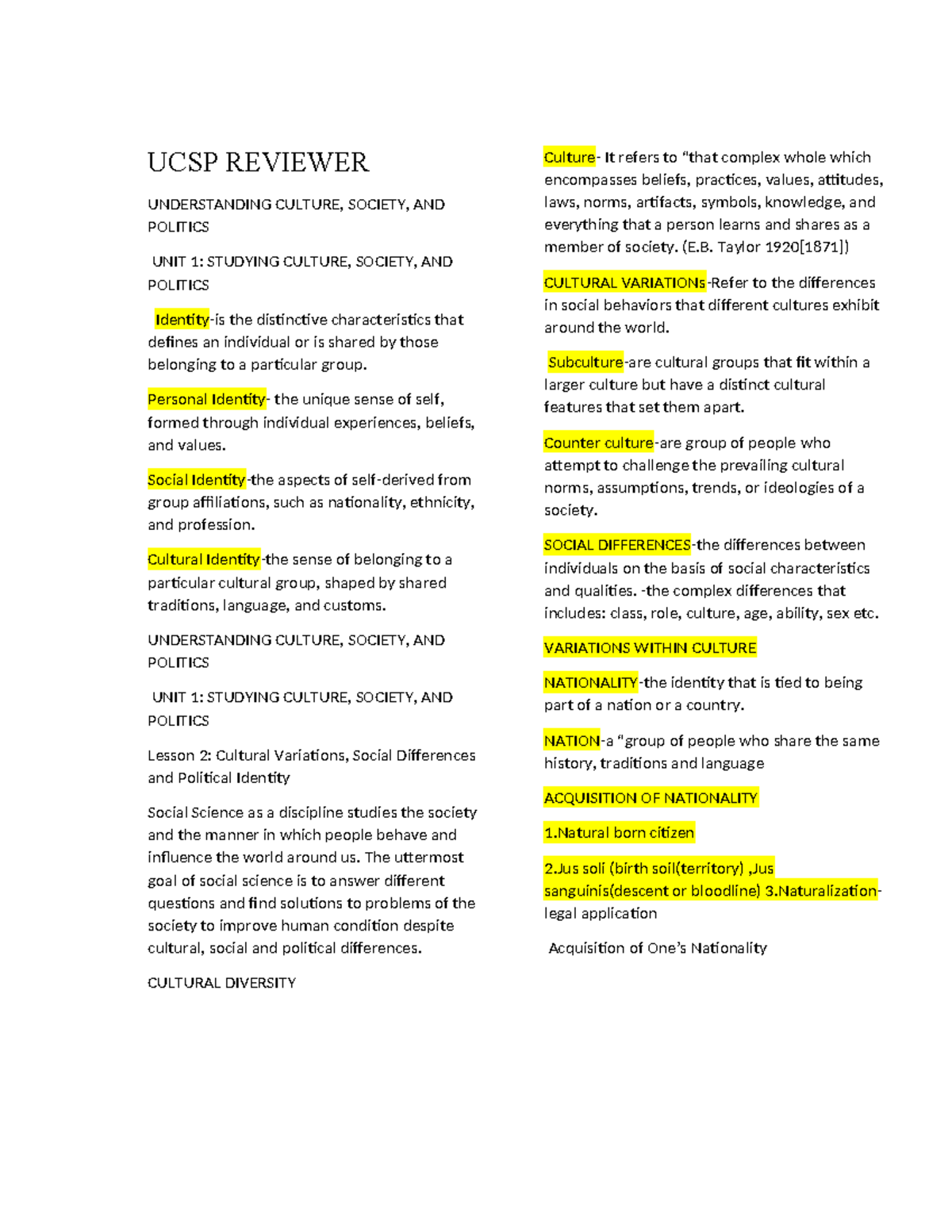 Ucsp-reviewer - easy to review - UCSP REVIEWER UNDERSTANDING CULTURE ...