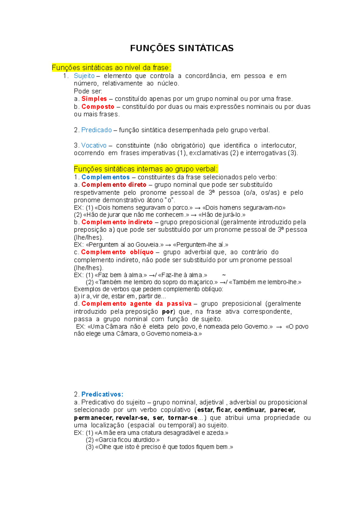 Funções Sintáticas - Resumos de português - FUNÇÕES SINTÁTICAS Funções ...