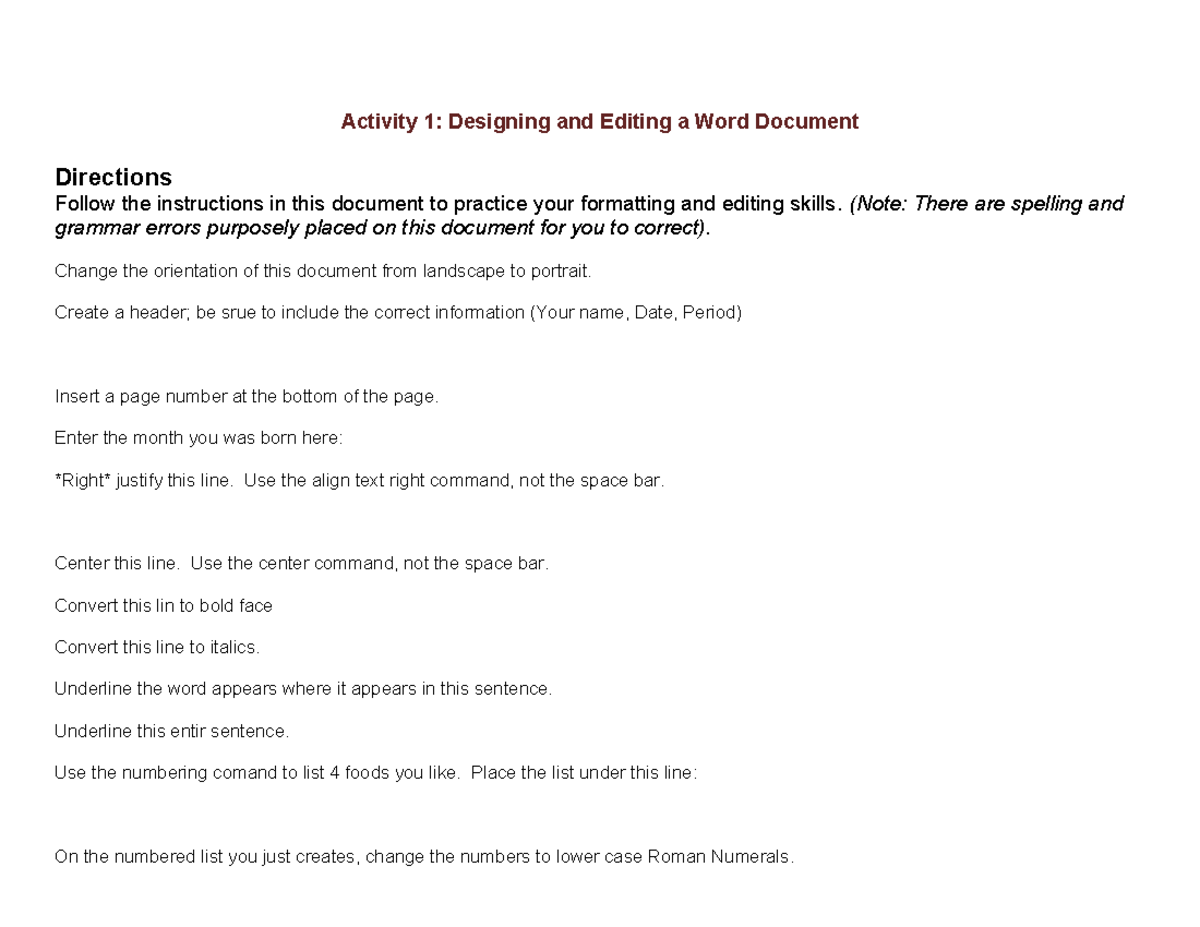 Activity 1, designing and editing a word doc-1-2 - Activity 1 ...