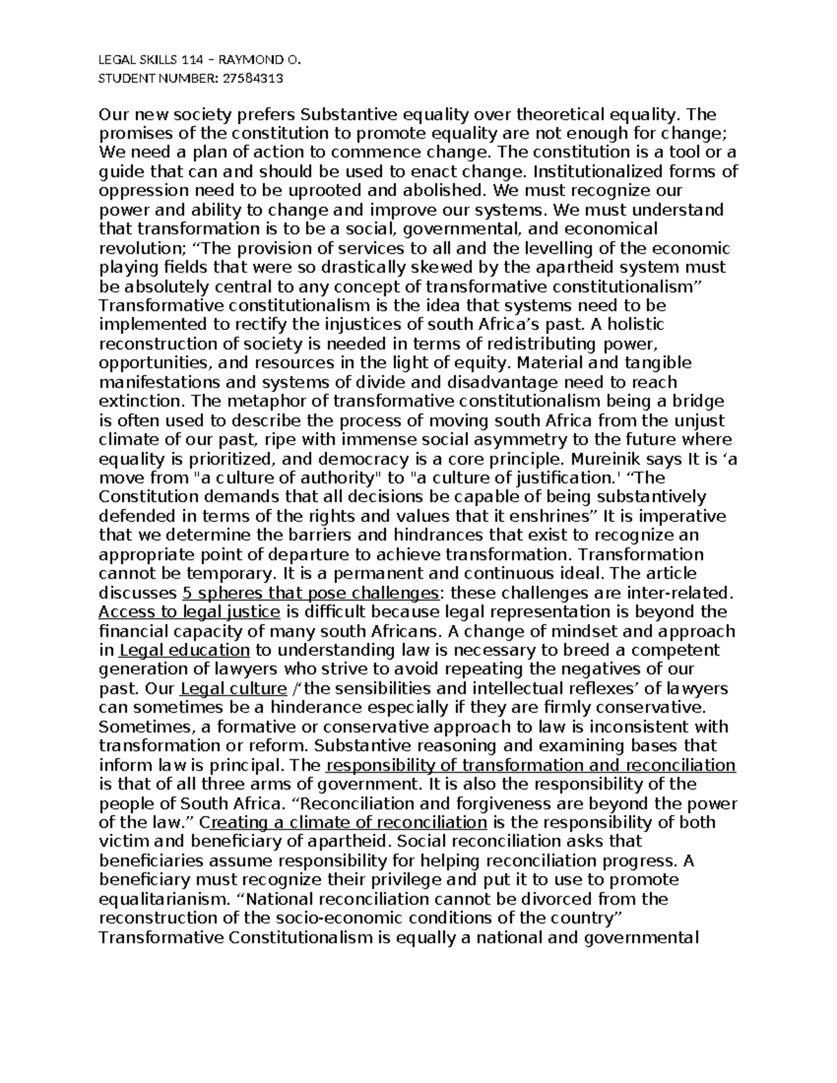 Transformative constitutionalism summary - LEGAL SKILLS 114 – RAYMOND O ...