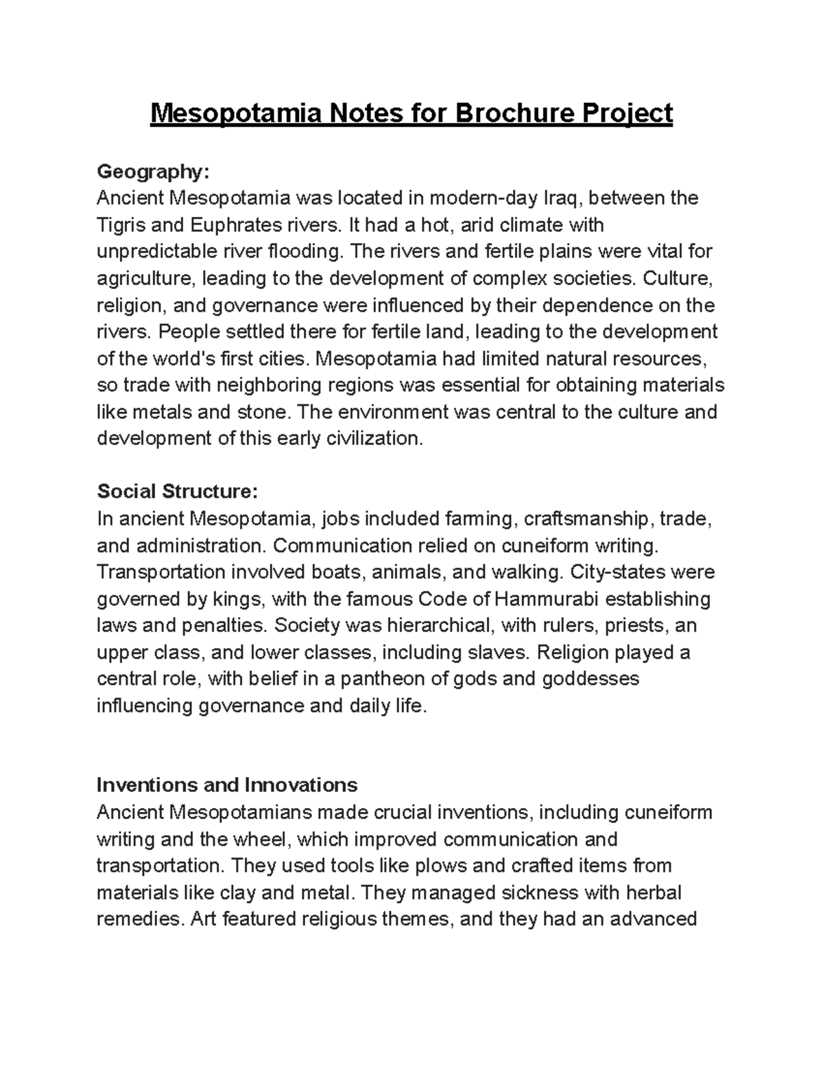 Mesopotamia Notes for SST Brochure Project - Mesopotamia Notes for ...