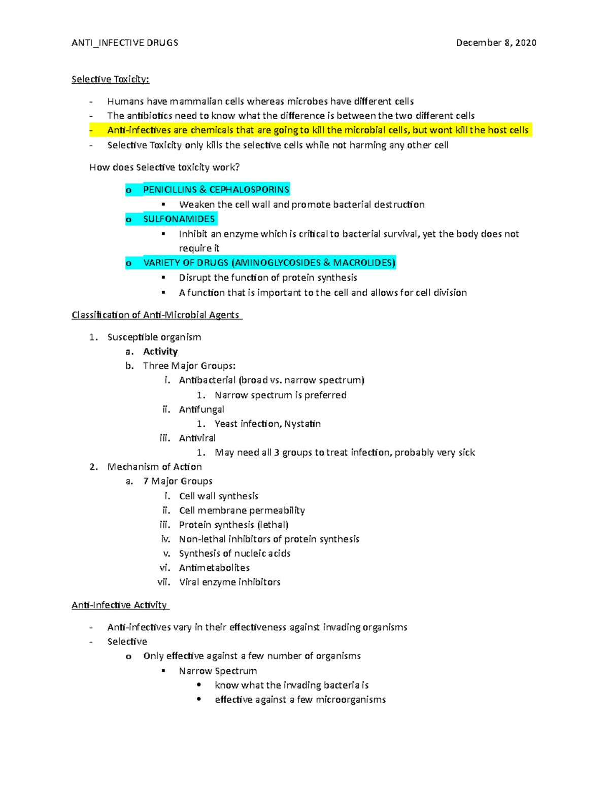Anti-Infective Drug Slide Notes Part 1,2,3 - Selective Toxicity ...