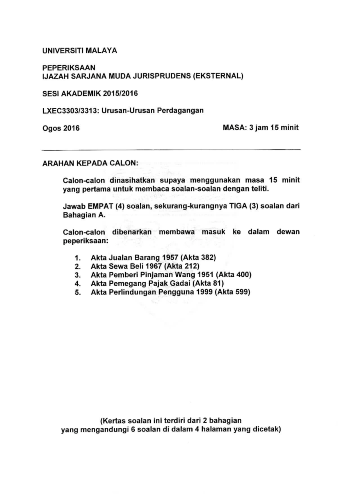 2016 UUP - sample question - UNDANG - UNDANG PERNIAGAAN - Studocu