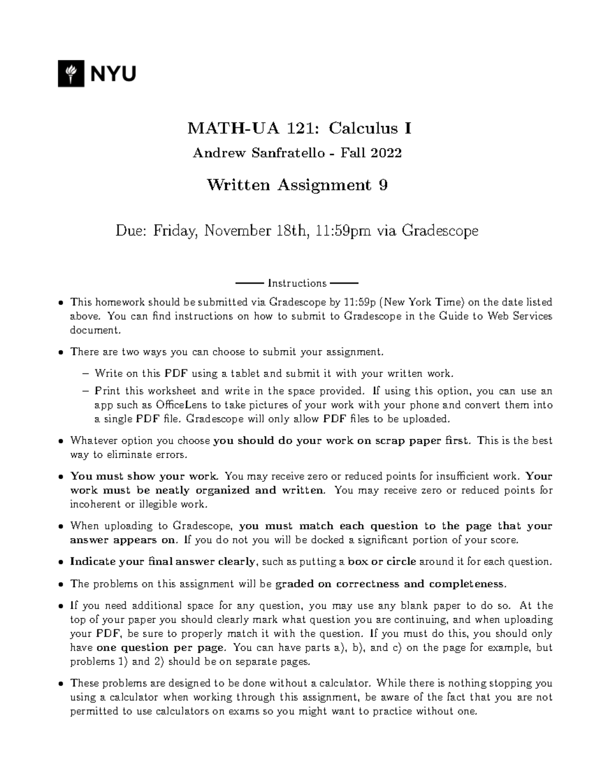 Homework 9 - MATH-UA 121: Calculus I Andrew Sanfratello - Fall 2022 ...