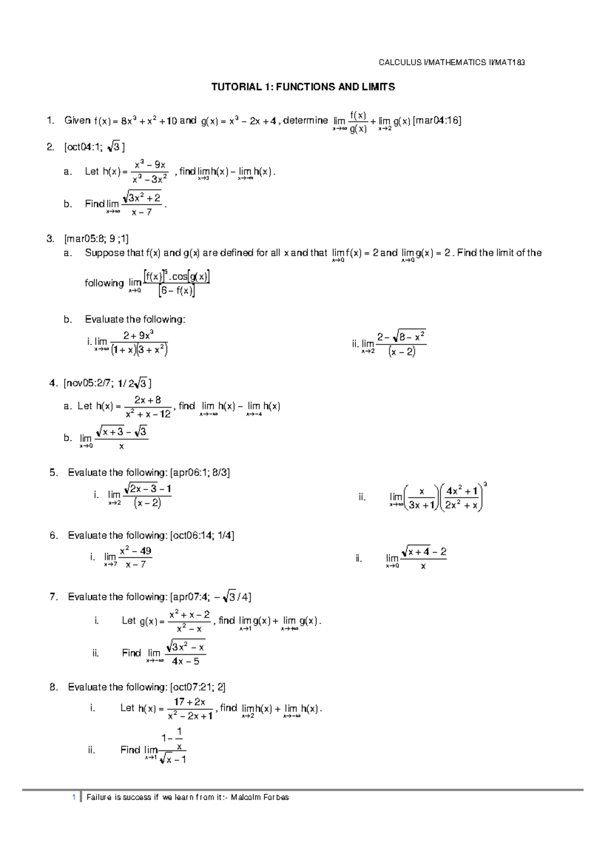 Tutorial 1 LIMIT - CALCULUS I/MATHEMATICS II/MAT 1 Failure is success ...