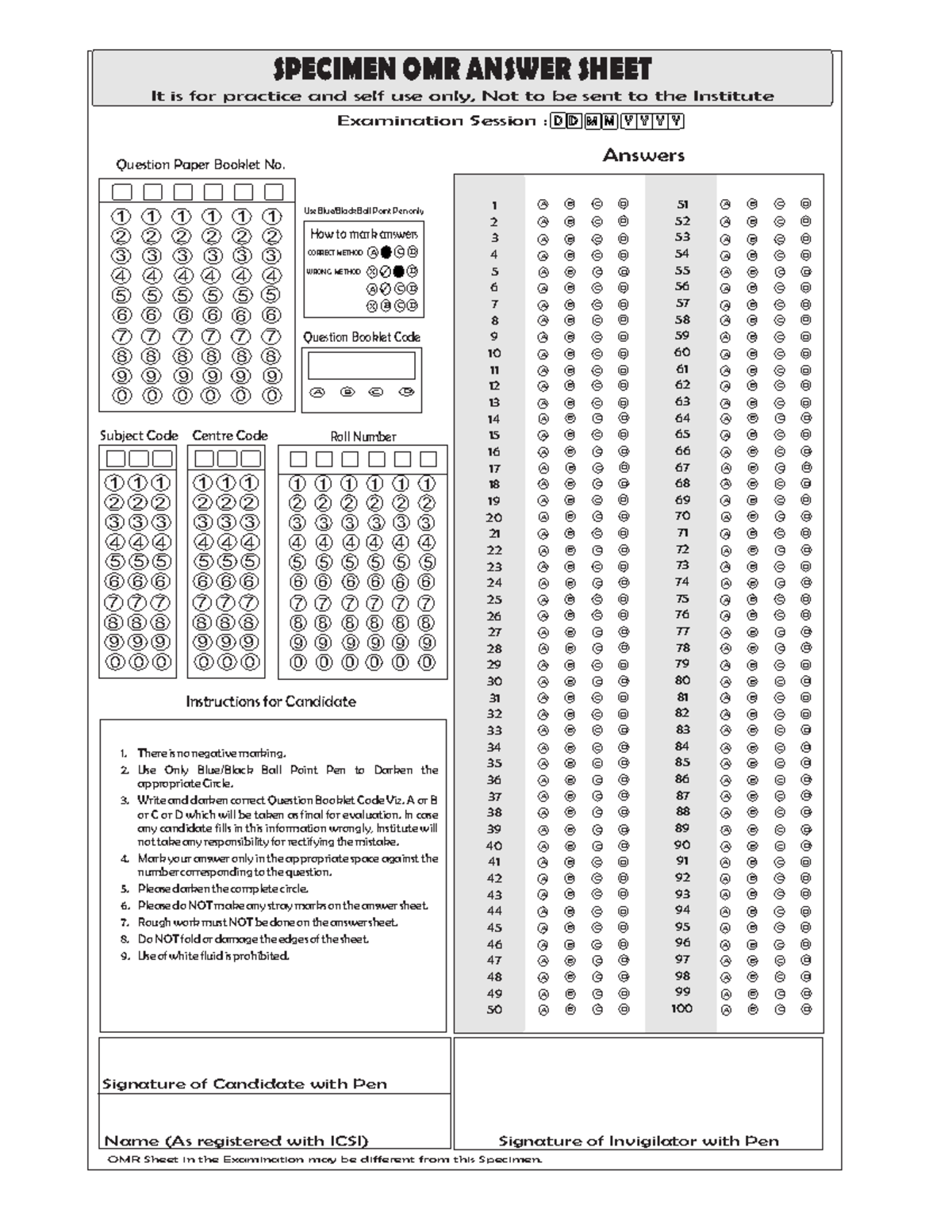 OMR Answer Sheet D D M M Y Y Y Y It Is For Practice And Self Use Only