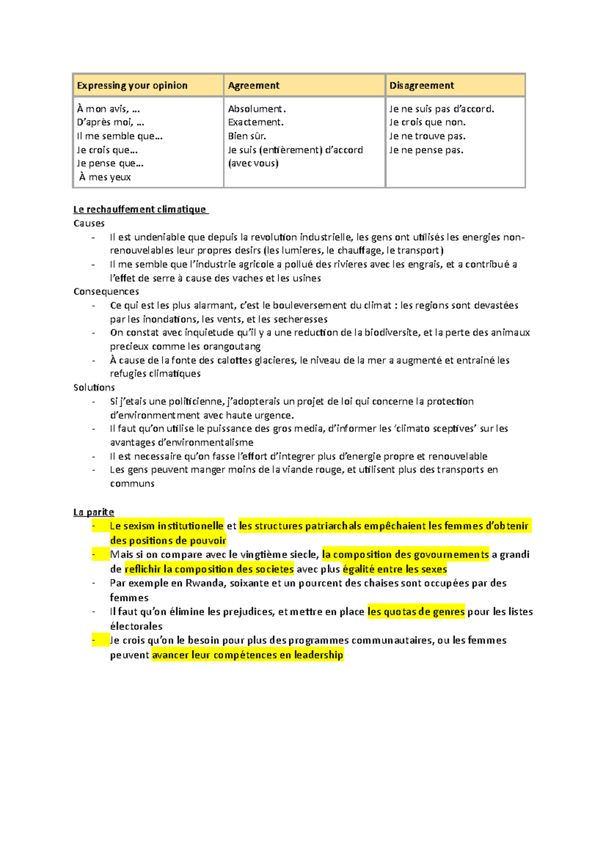 French Oral Test notes - Expressing your opinion Agreement Disagreement ...