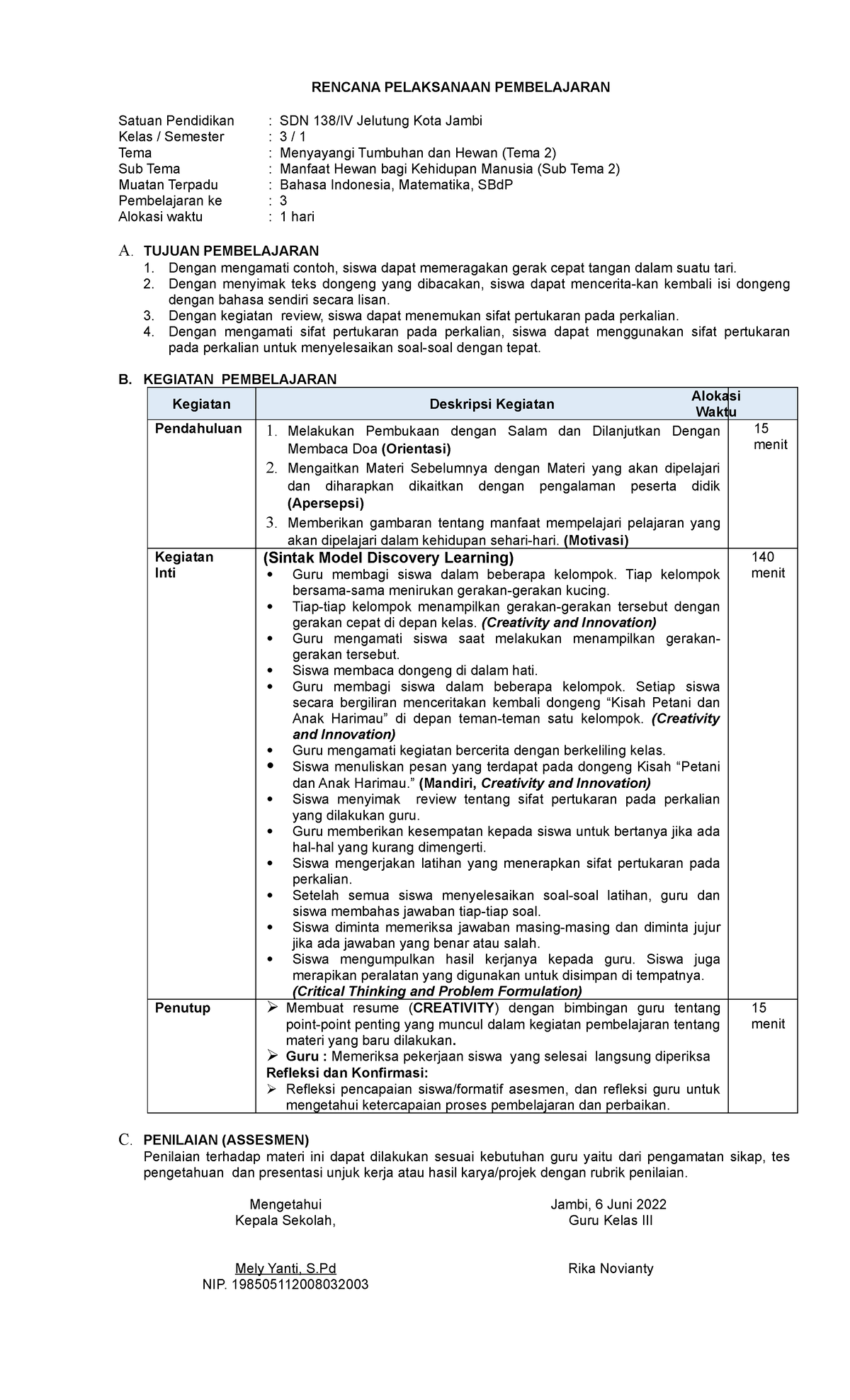 3.2.2.3 rika - RPP kelas 3 SD - RENCANA PELAKSANAAN PEMBELAJARAN Satuan Pendidikan : SDN 138/IV ...