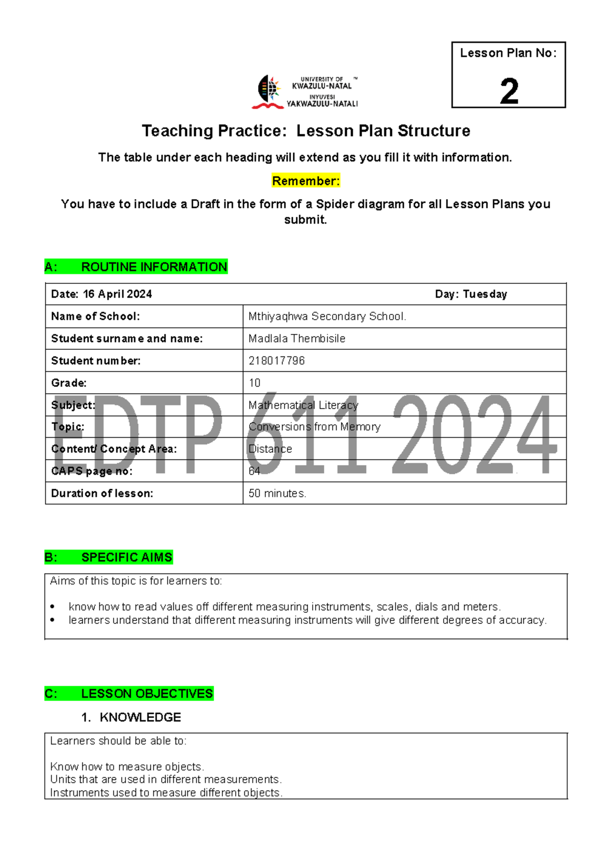 Lesson PLAN 2 Maths LIT Grade 10 - Teaching Practice: Lesson Plan ...