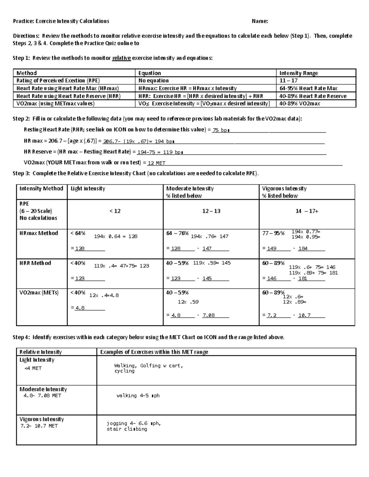 Week 6 Exercise Intensity Practice-2 - Practice: Exercise Intensity Calculations Name ...