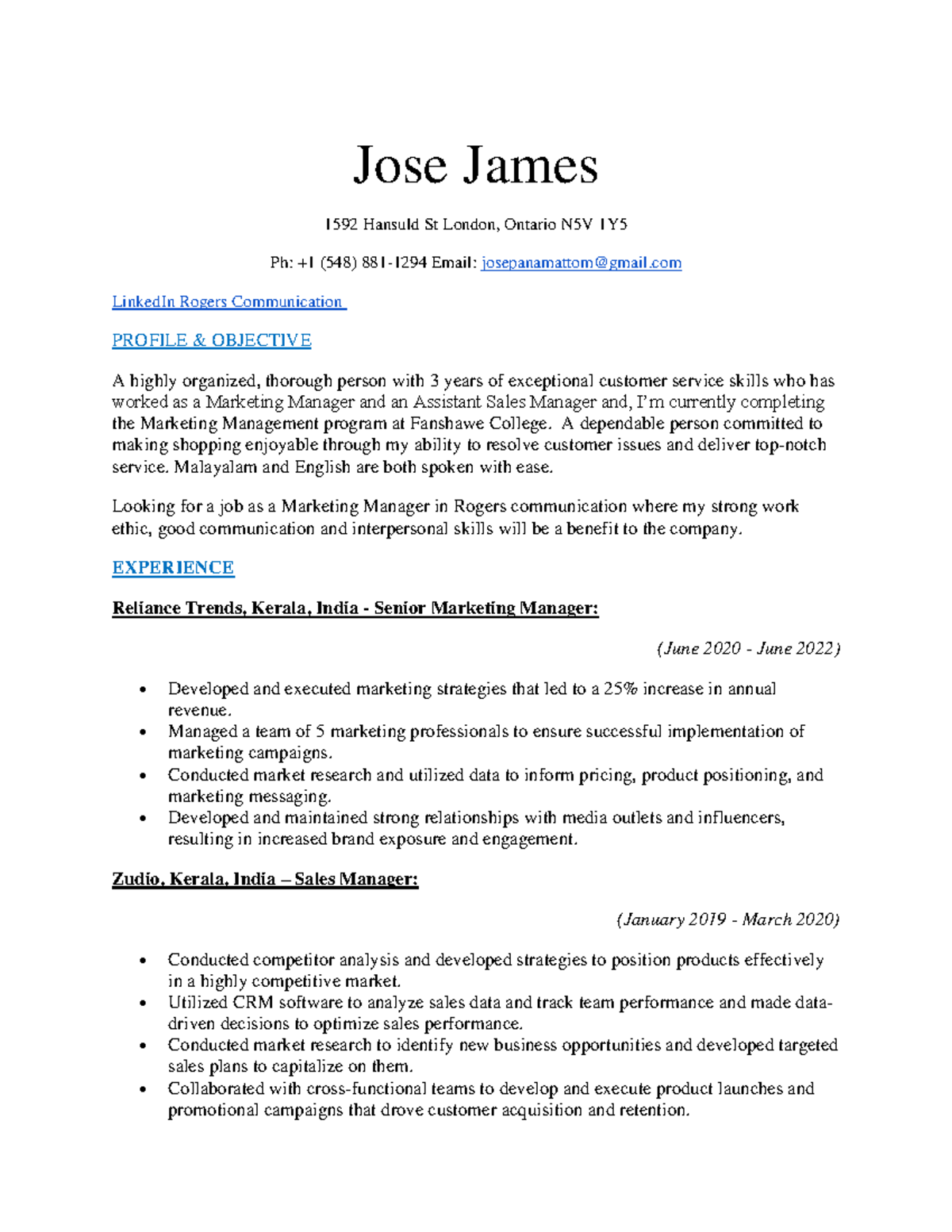 Professional resume jose - Jose James 1592 Hansuld St London, Ontario ...