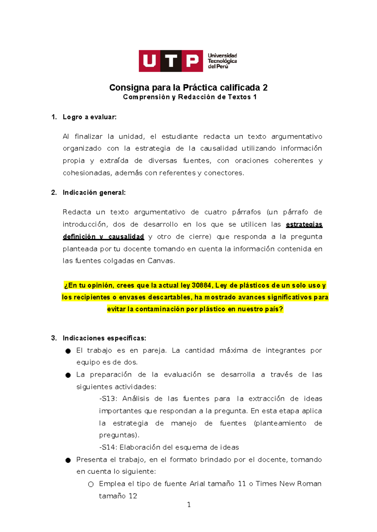 GC N01I PC2Consigna 22C2A - Consigna para la Práctica calificada 2 Comprensión y Redacción de ...