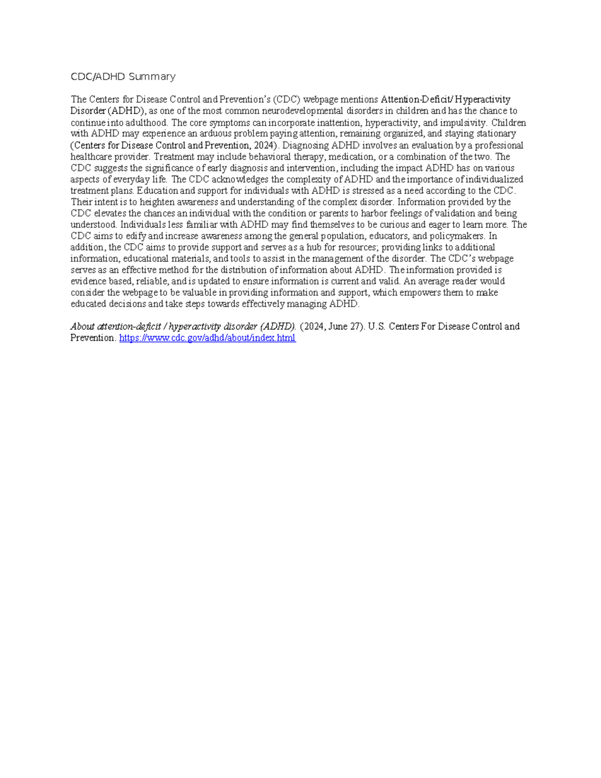 CDC.ADHD Summary - CDC/ADHD Summary The Centers for Disease Control and ...