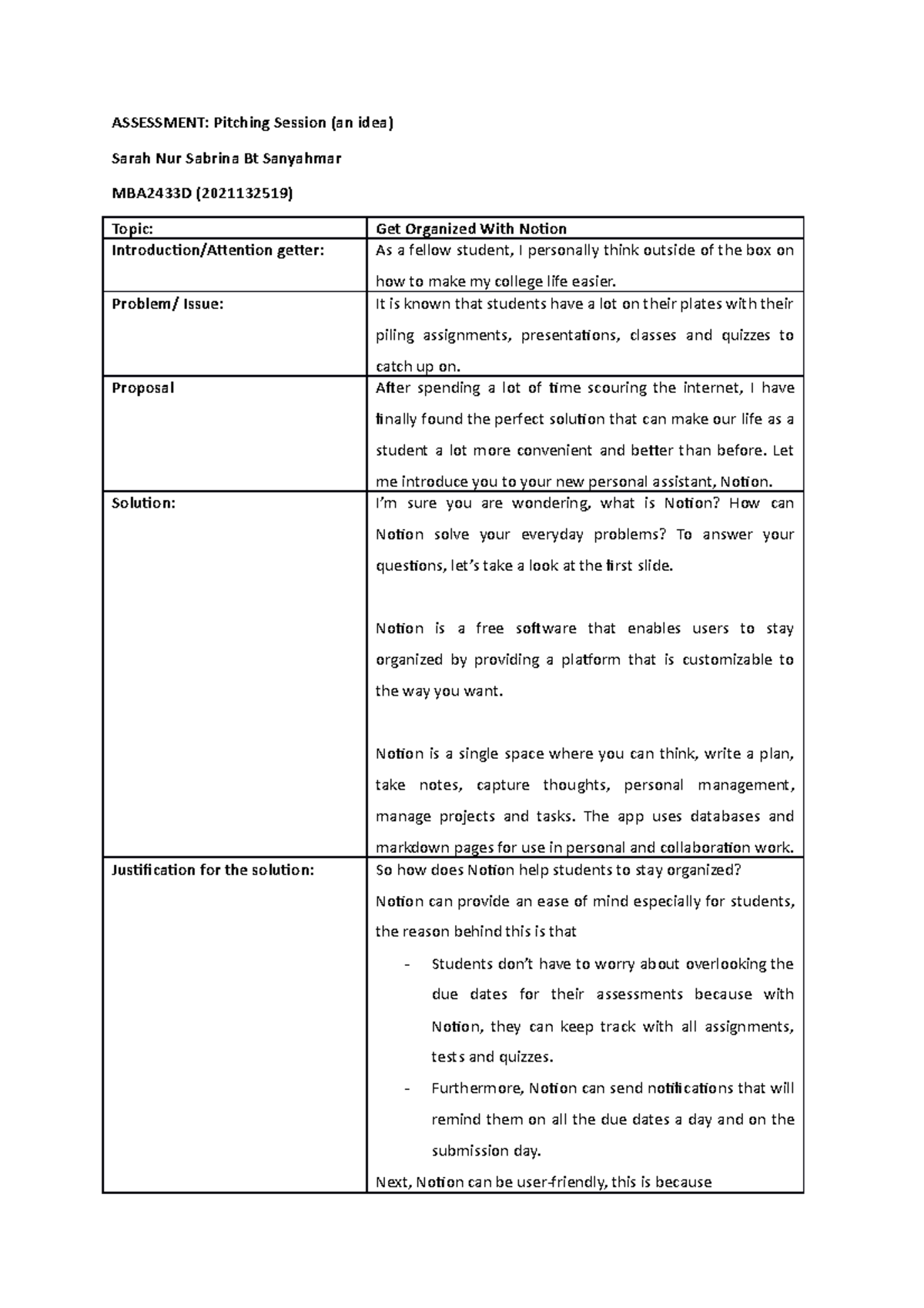 Pitching Speech Script - ASSESSMENT: Pitching Session (an idea) Sarah ...