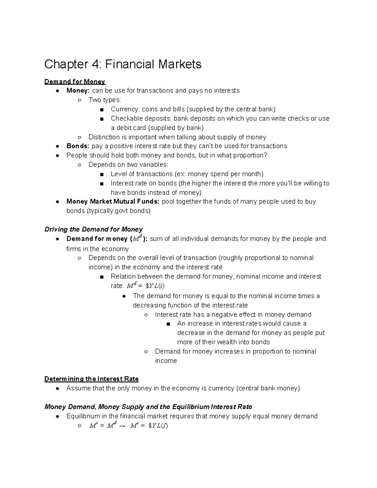Macro All Notes - Apuntes All - Chapter 4: Financial Markets Demand for ...
