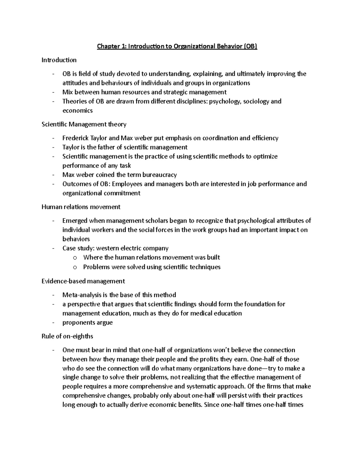 Adm2336 Midterm Notes Chapter 1 Introduction To Organizational Behavior Ob Introduction Ob